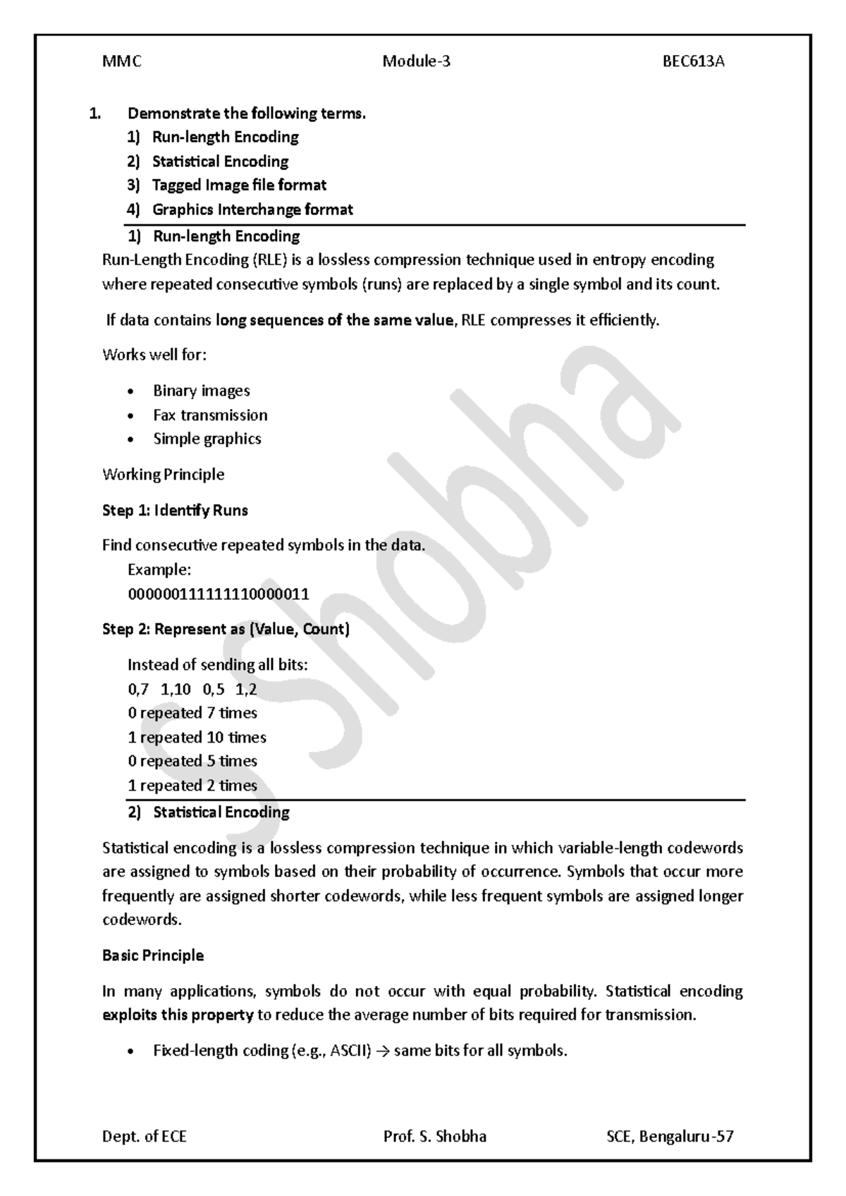MMC BEC613A Encoding Techniques: RLE, Statistical, and TIFF Explained ...