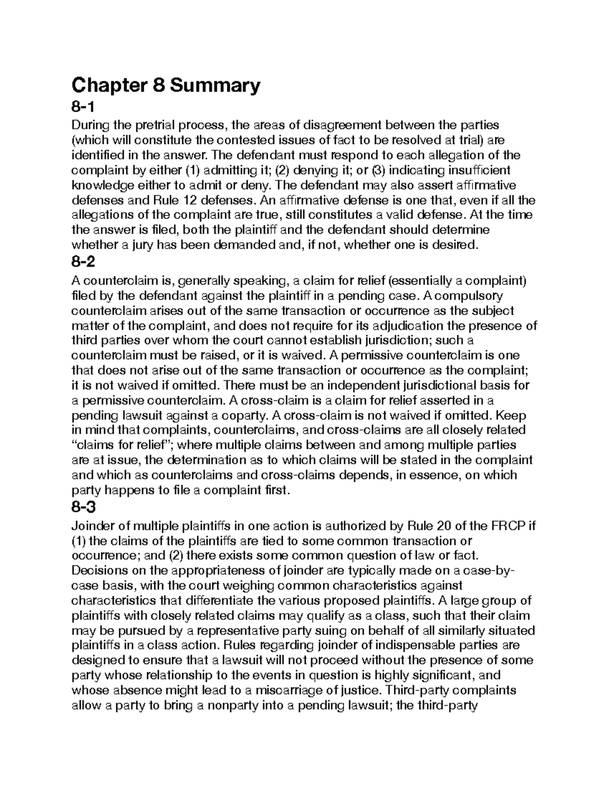 Chapter 8 Summary: Civil Procedure - Pleadings & Joinder Rules - Studocu