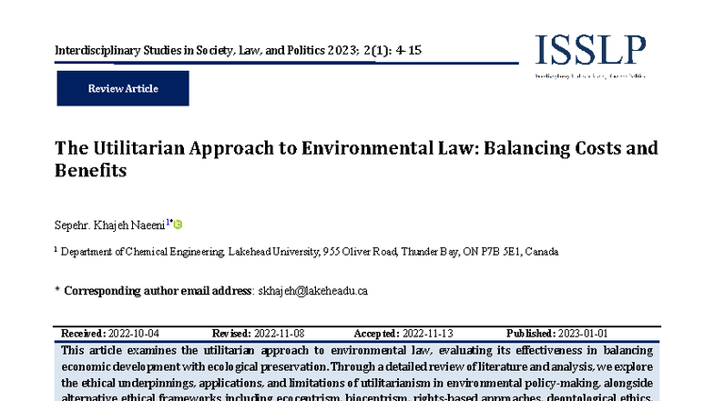 Utilitarianism in Environmental Law: Balancing Costs & Benefits (ISSLP ...