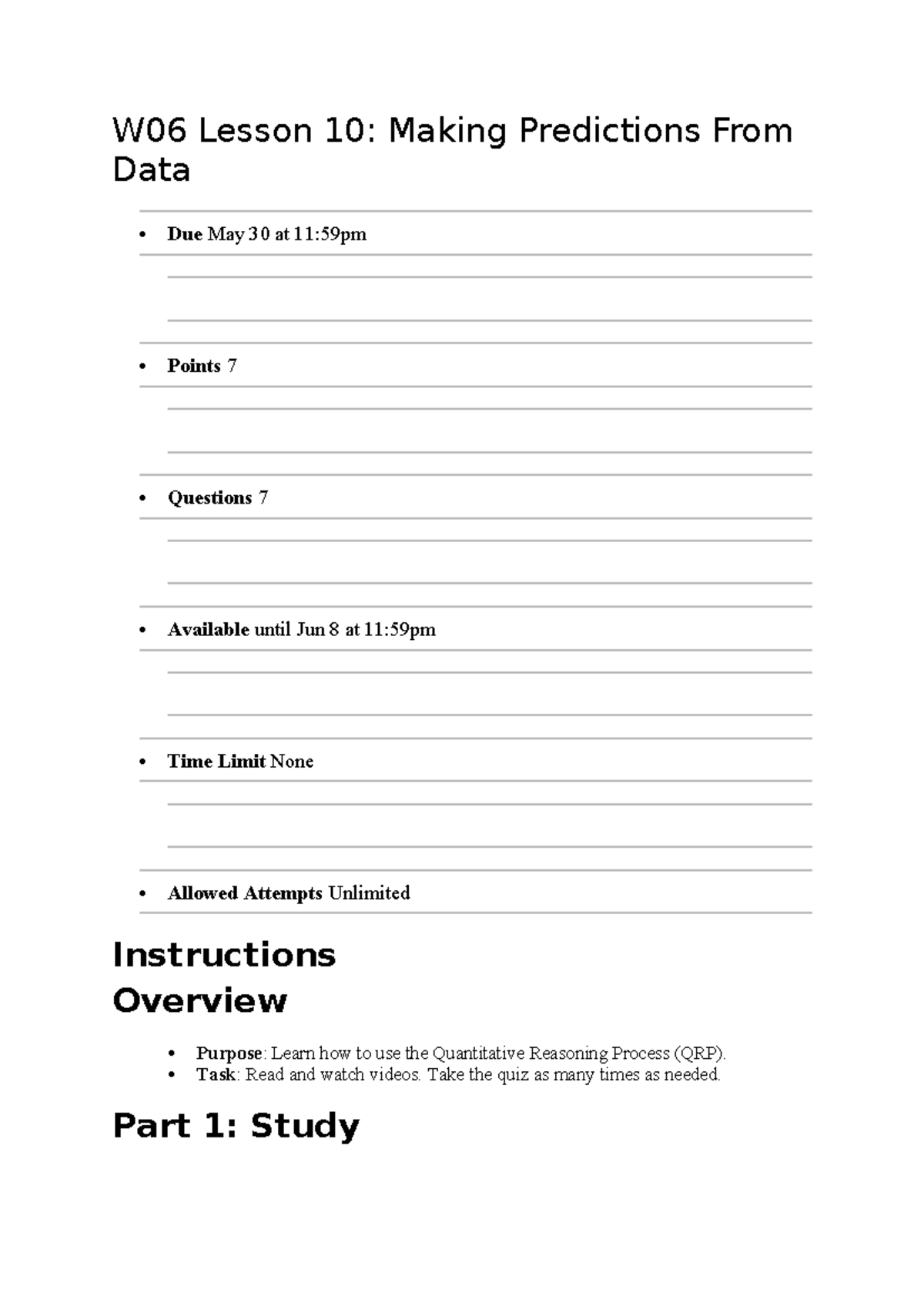 MATH108X W06 Quiz: Making Predictions From Data Insights - Studocu