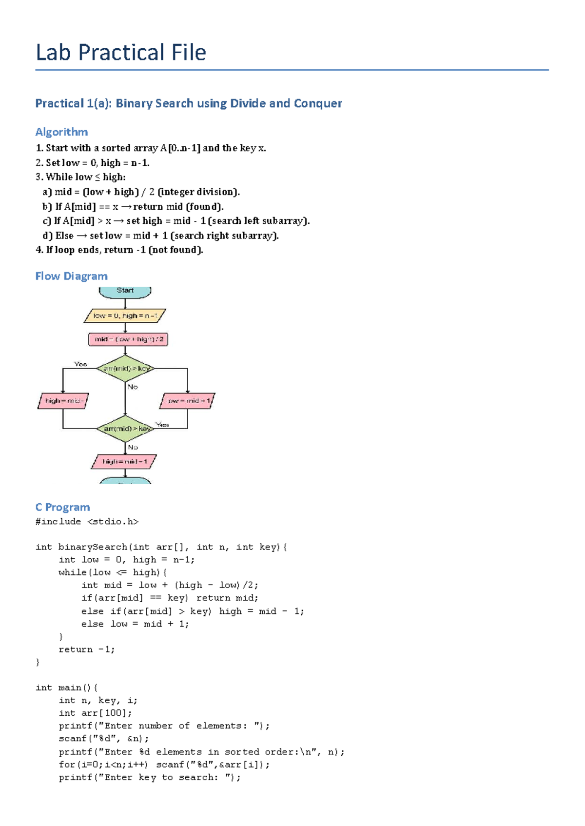 DAA Practical File: Divide and Conquer Algorithms Overview - Studocu