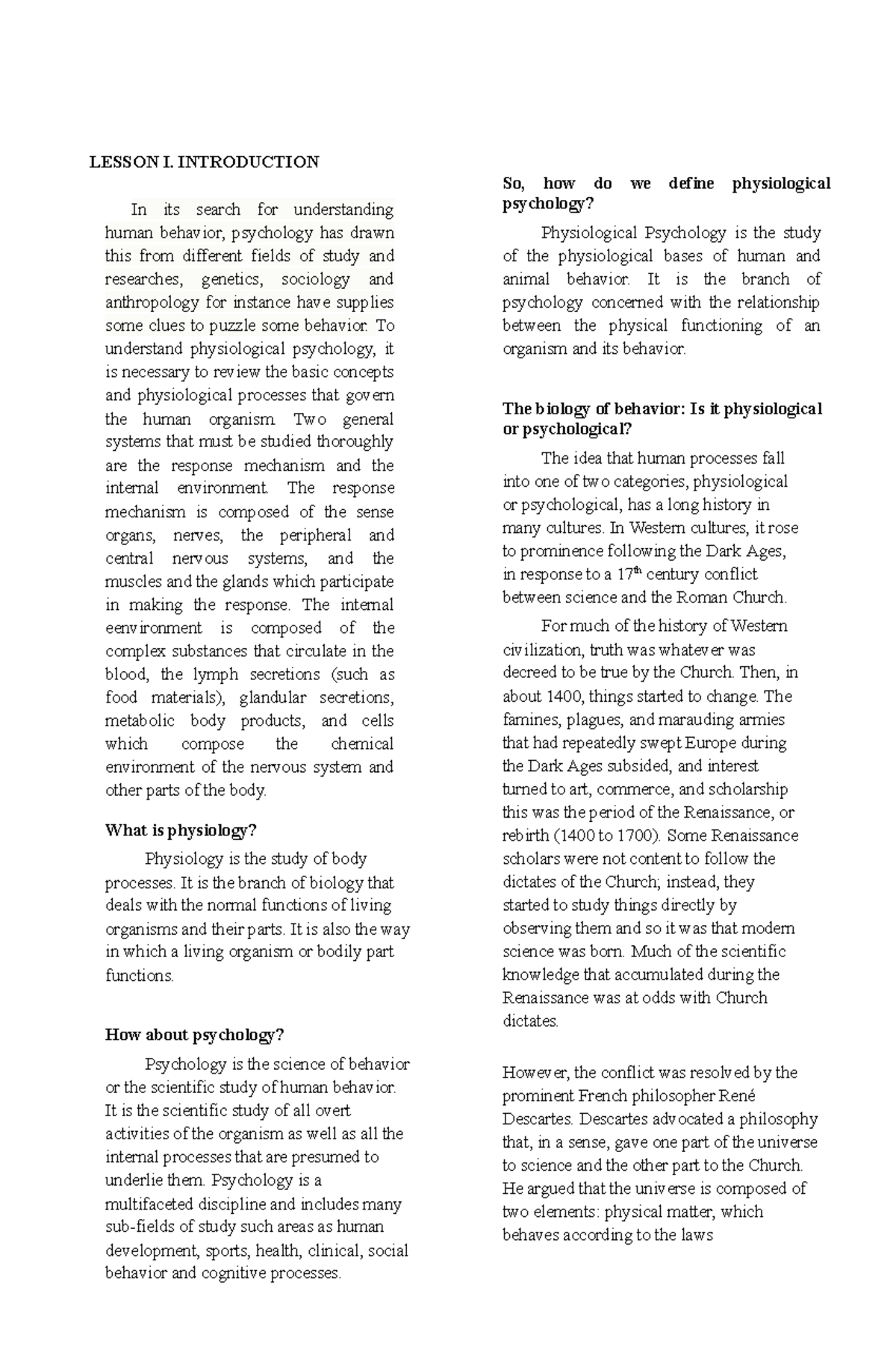 Psysiological pyschology notes - LESSON I. INTRODUCTION In its search ...