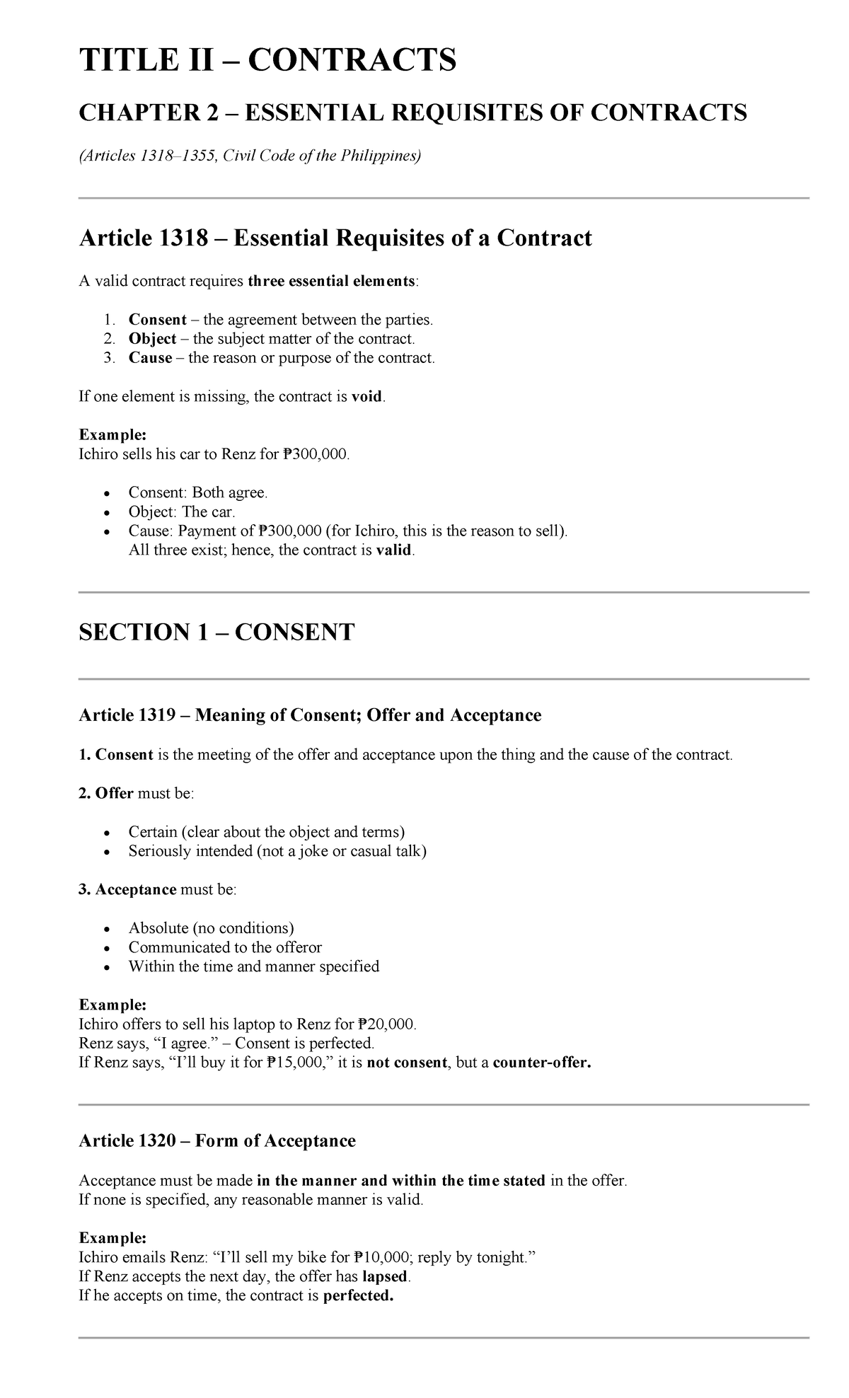 TITLE II CONTRACTS CHAPTER 2: ESSENTIAL REQUISITES OF CONTRACTS (Civil ...