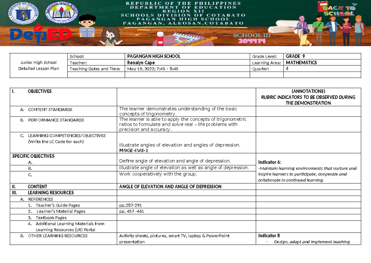 Detailed Lesson Plan for Mathematics 9: Angles of Elevation ...