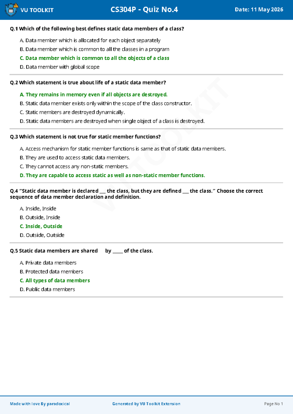 CS304P Quiz No.4 - Static Data Members and Functions Practice - Studocu