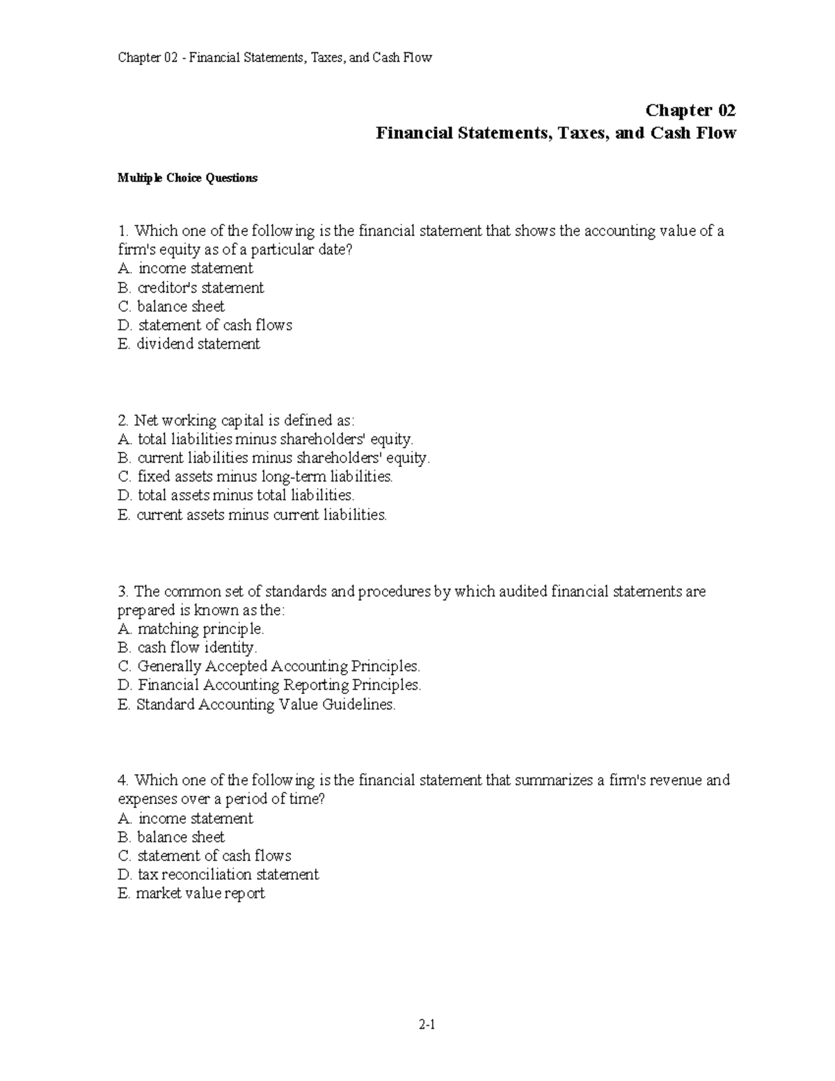 Chapter 02 Financial Statements, Taxes, and Cash Flow - Quiz Questions ...