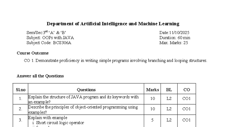 OOPs with JAVA - BCS306A IA-1 Question Paper - Studocu