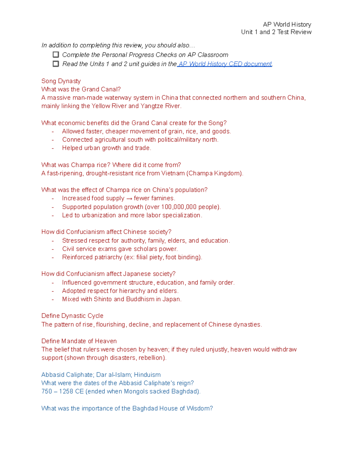 AP World History (APWH) Unit 1 & 2 Test Review Notes - Studocu