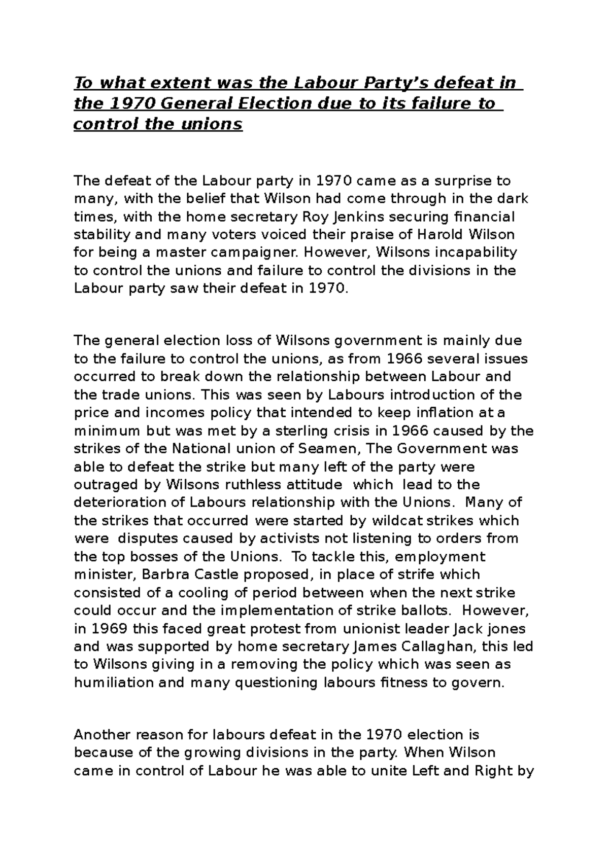 Labour 1970 General Election Defeat: Union Control Issues and Divisions ...