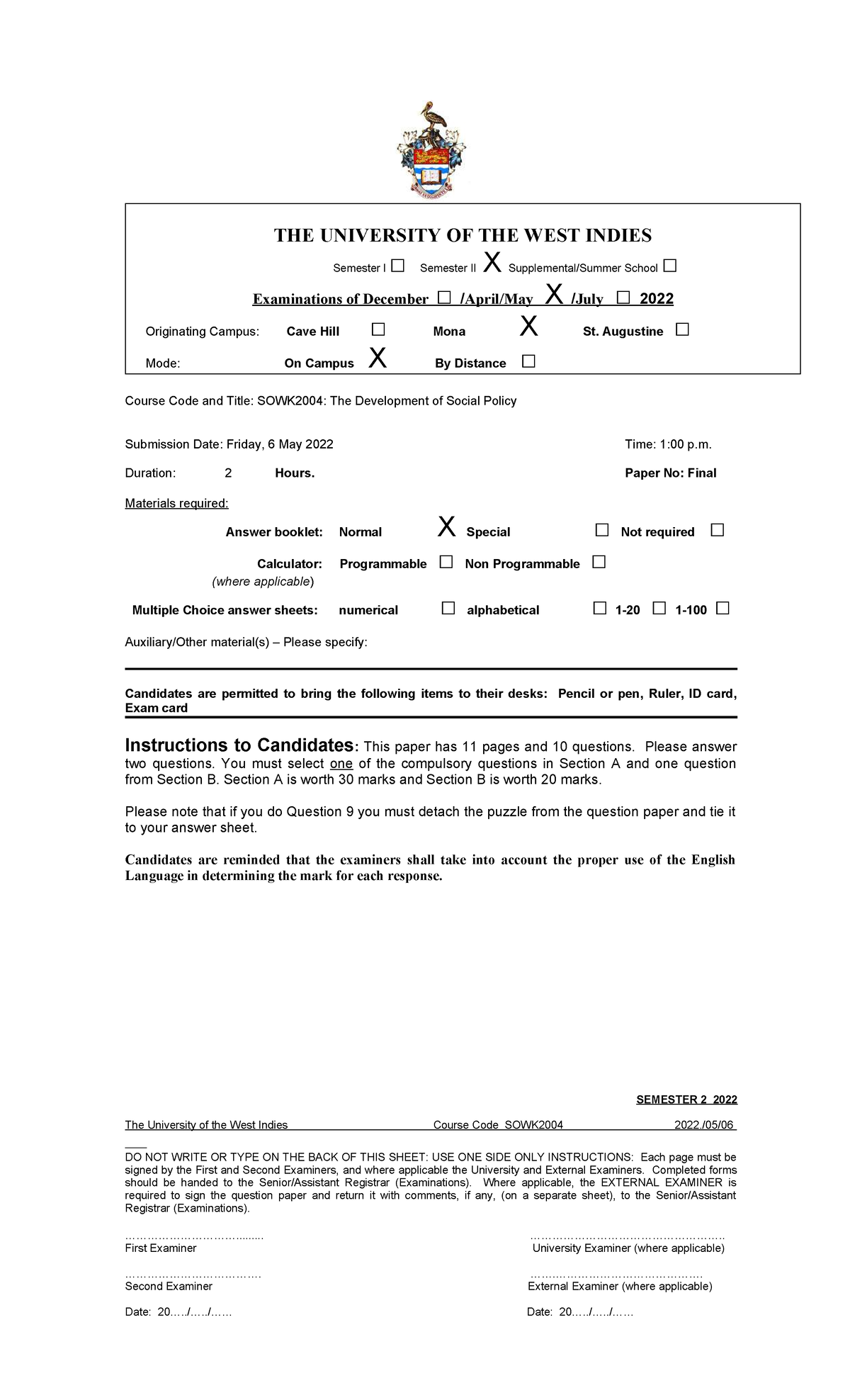 Sample Final Exam Paper - THE UNIVERSITY OF THE WEST INDIES Semester l ...