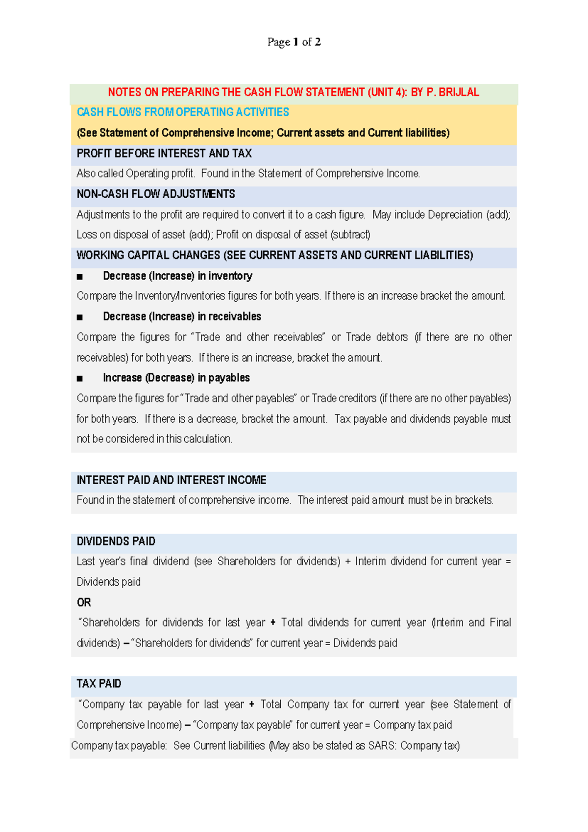 CASH FLOW Statement Notes (Unit 4): Preparing Cash Flow from Operations ...