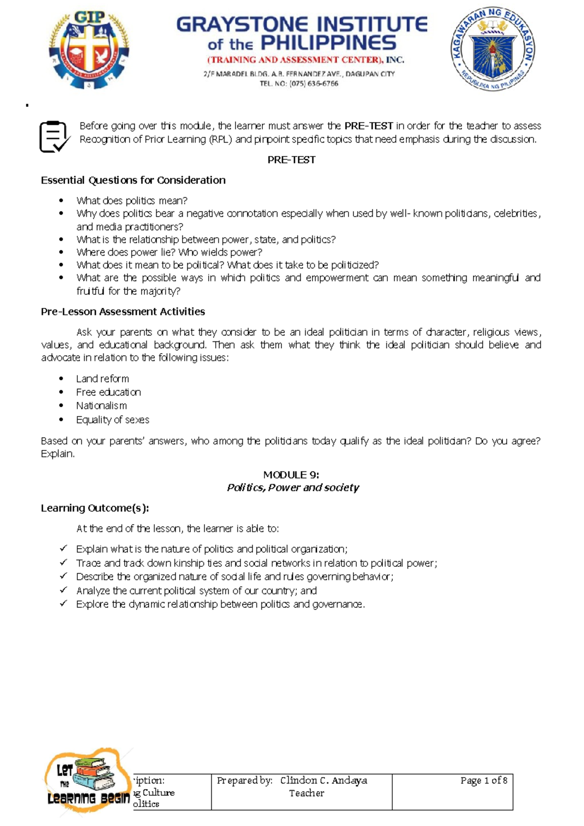 Module 9 - UCSP - DSD: Politics, Power, and Social Organization ...
