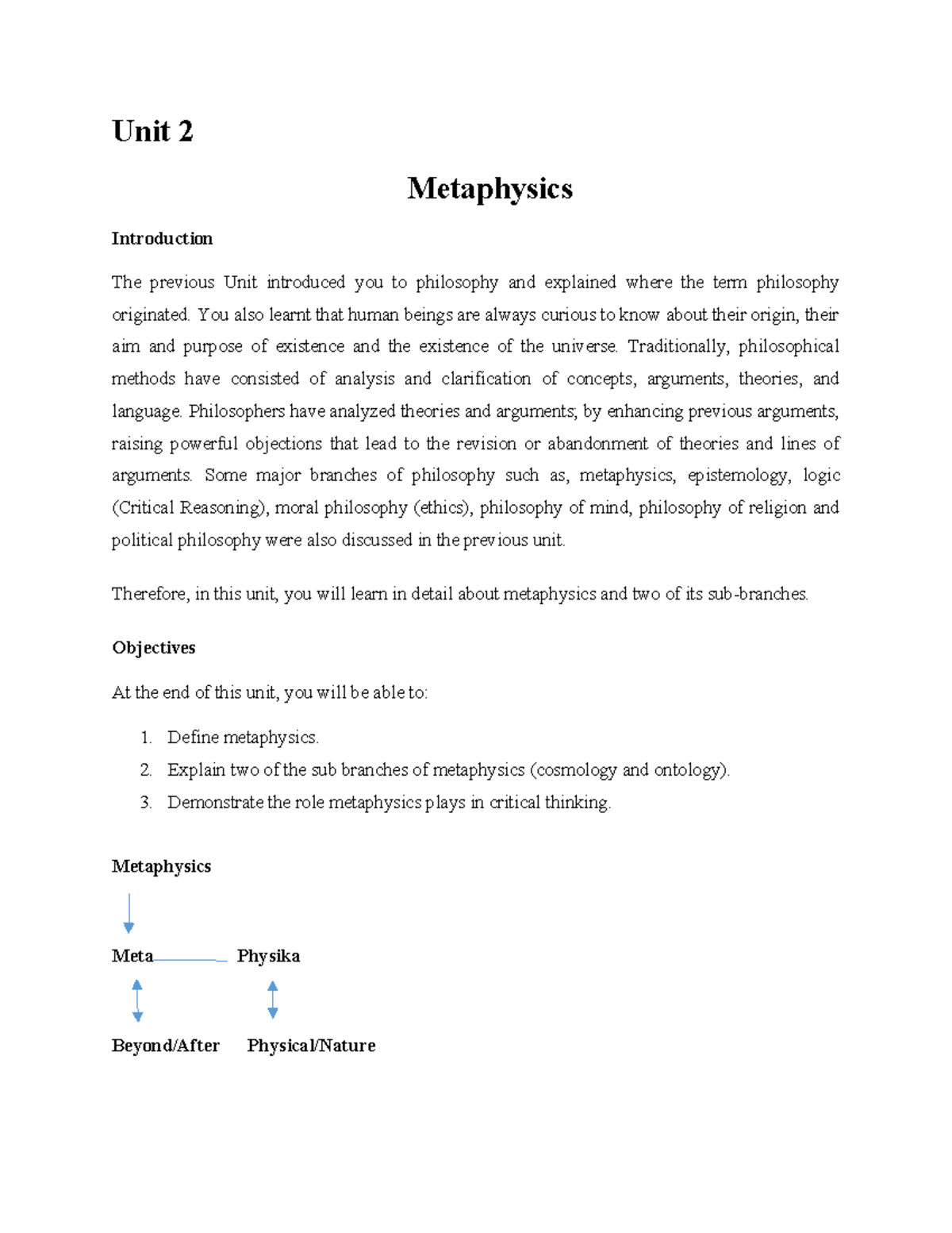 Unit 2: Introduction to Metaphysics - Philosophy Course (PHIL101) - Studocu