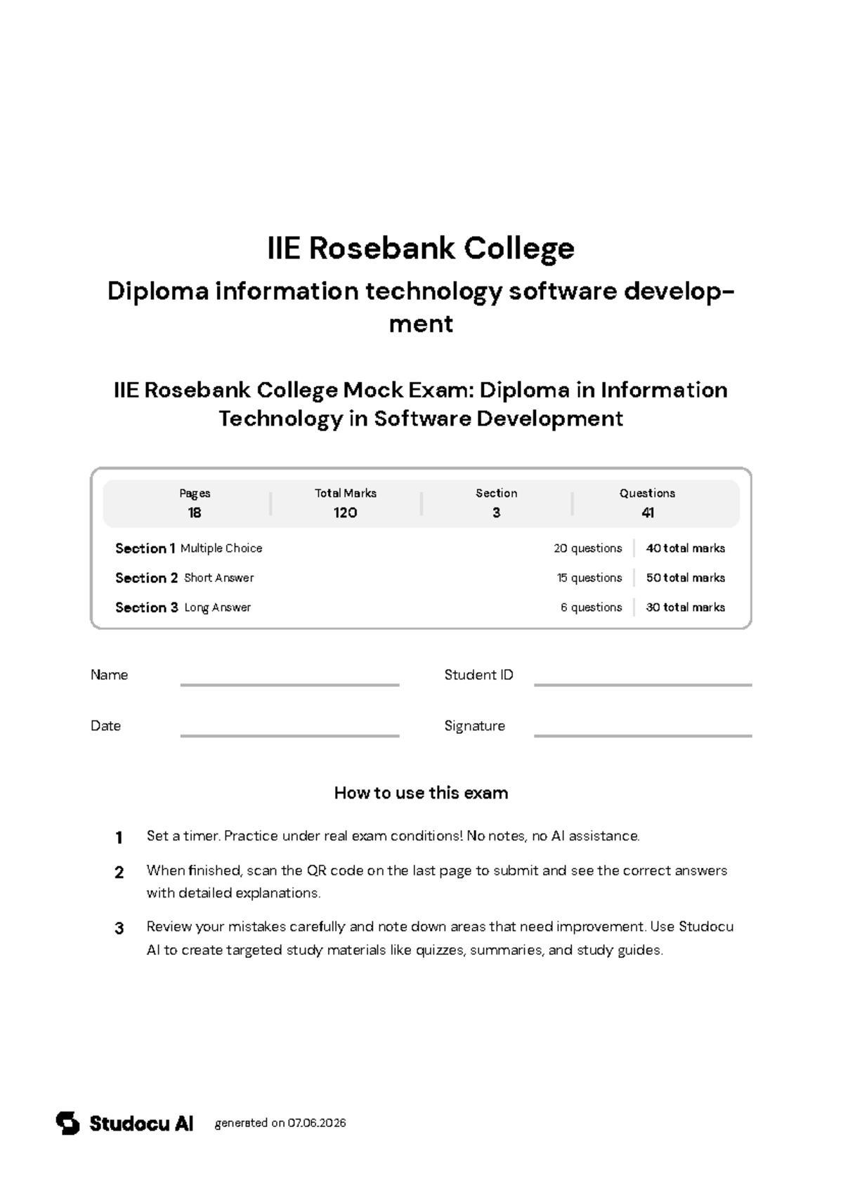 IIE Rosebank College Mock Exam: Diploma in IT Software Development ...