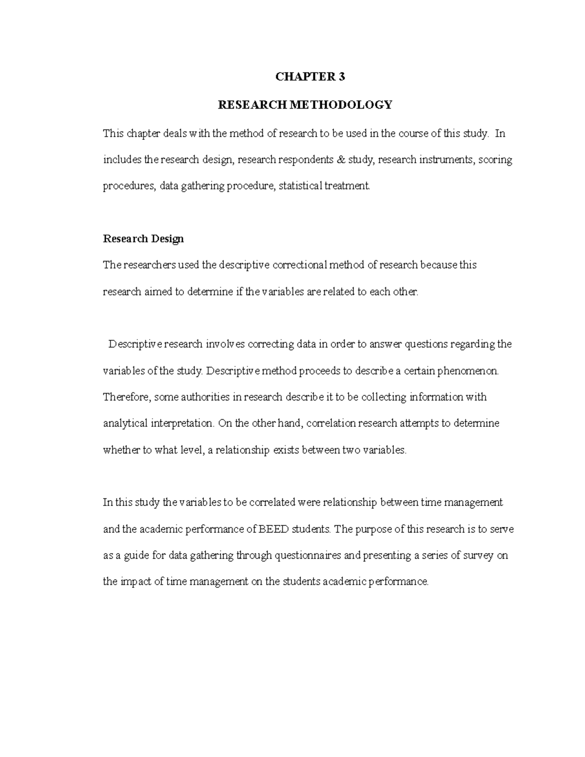 CHAPTER 3 - RESEARCH METHODOLOGY: TIME MGMT & ACADEMIC PERFORMANCE ...