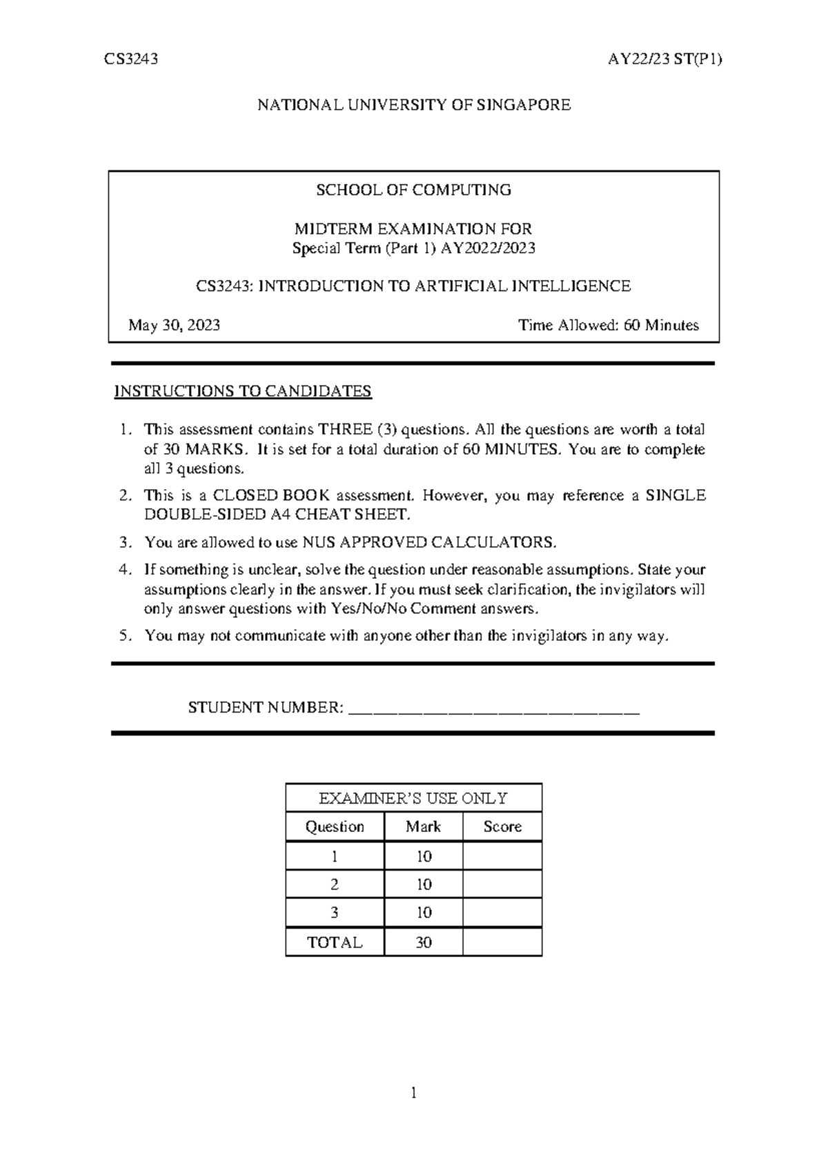 CS3243 ST(P1) Midterm Exam Solutions for AI - May 2023 - Studocu