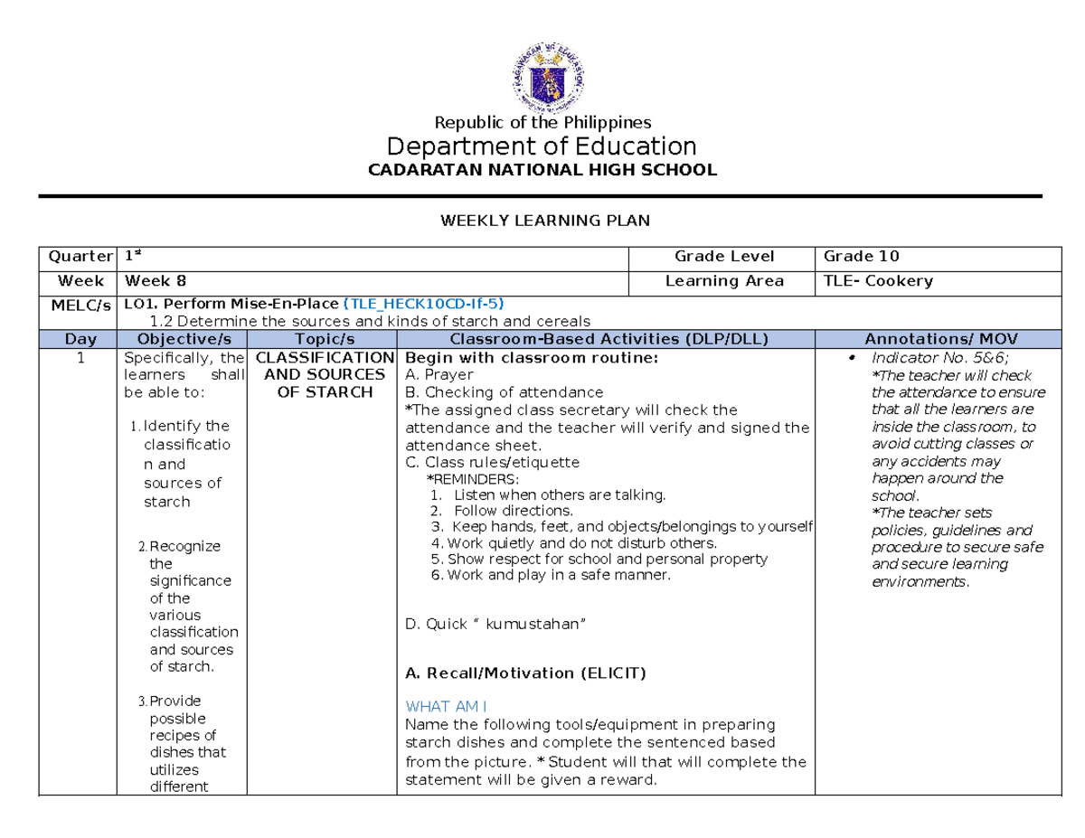 1st-DLL - lesson plan - Department of Education CADARATAN NATIONAL HIGH ...