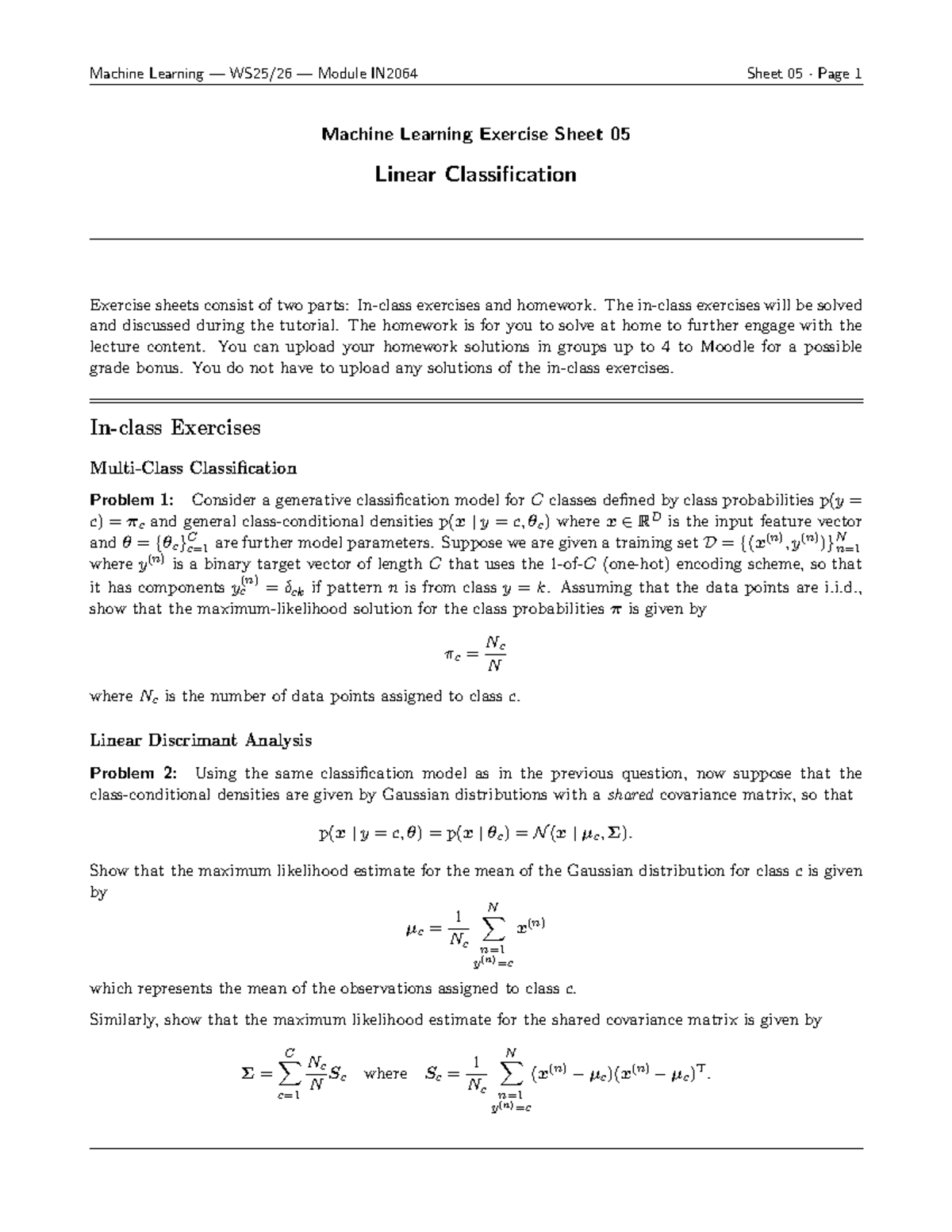 Machine Learning IN2064 Exercise Sheet 05: Linear Classification - Studocu