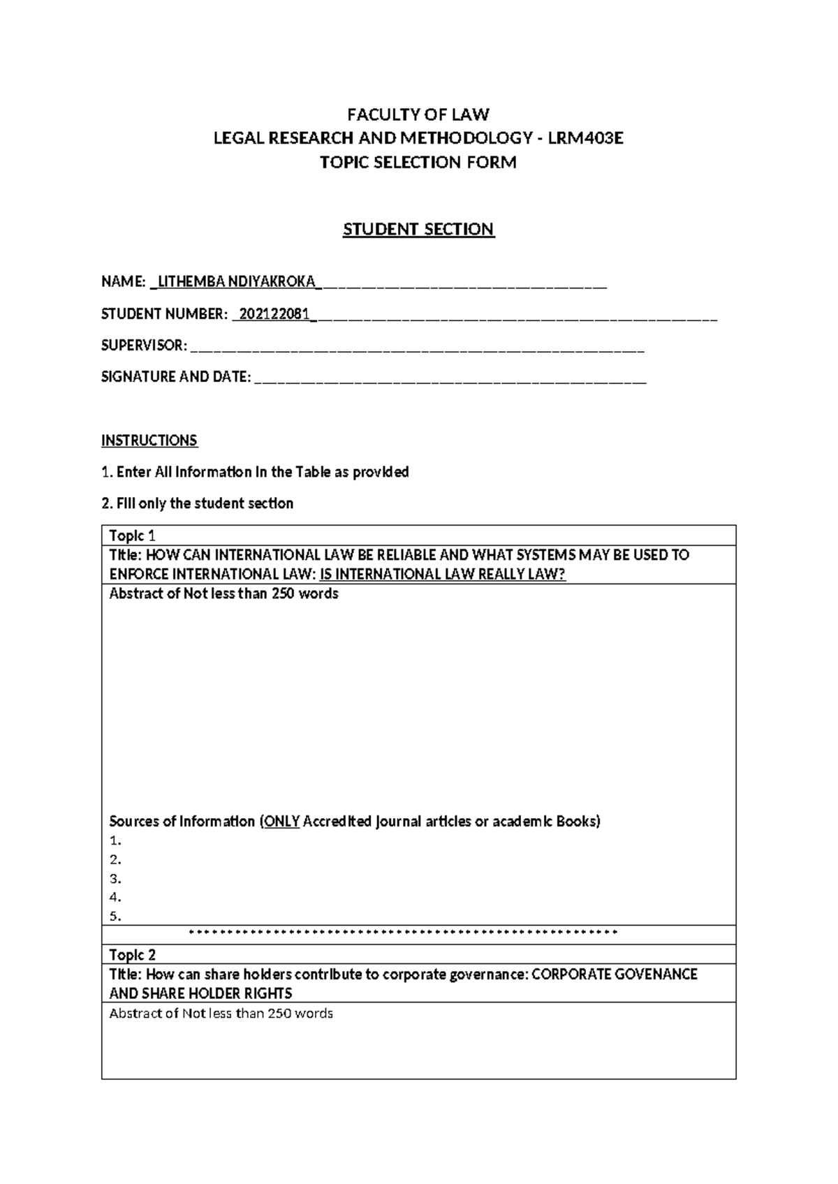 LRM403E 2025 Topic Selection Form for Legal Research Projects - Studocu