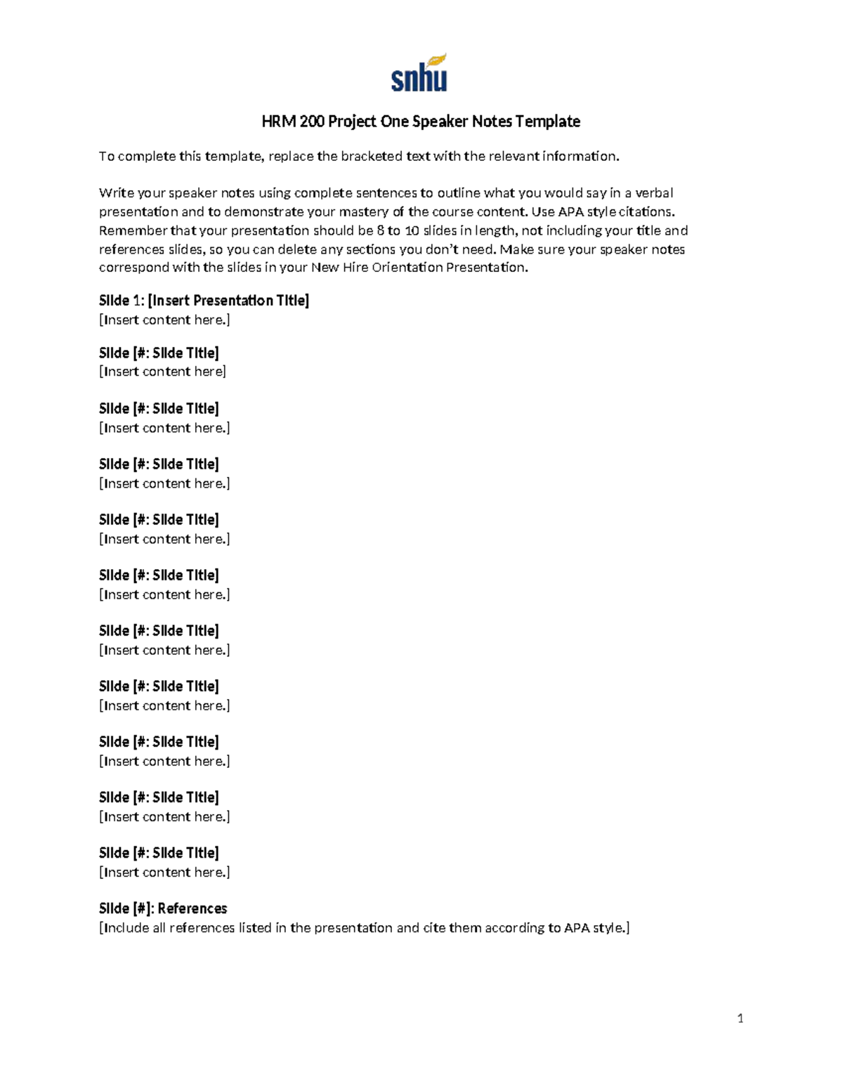 HRM 200 Project One: Speaker Notes Template for Presentations - Studocu