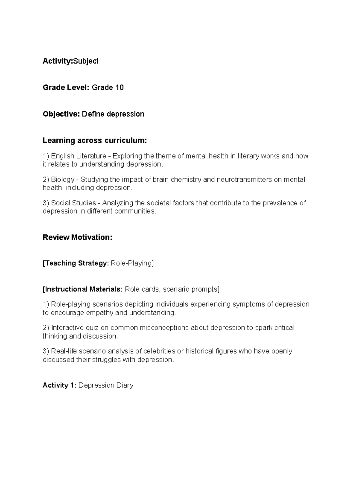 Lesson Plan: Understanding Depression in Grade 10 (Subject: Mental ...