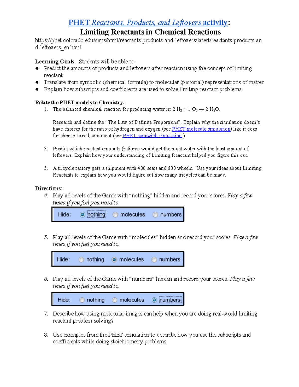 PHET stoichiometry limiting reactant - PHET Reactants, Products, and Leftovers activity ...