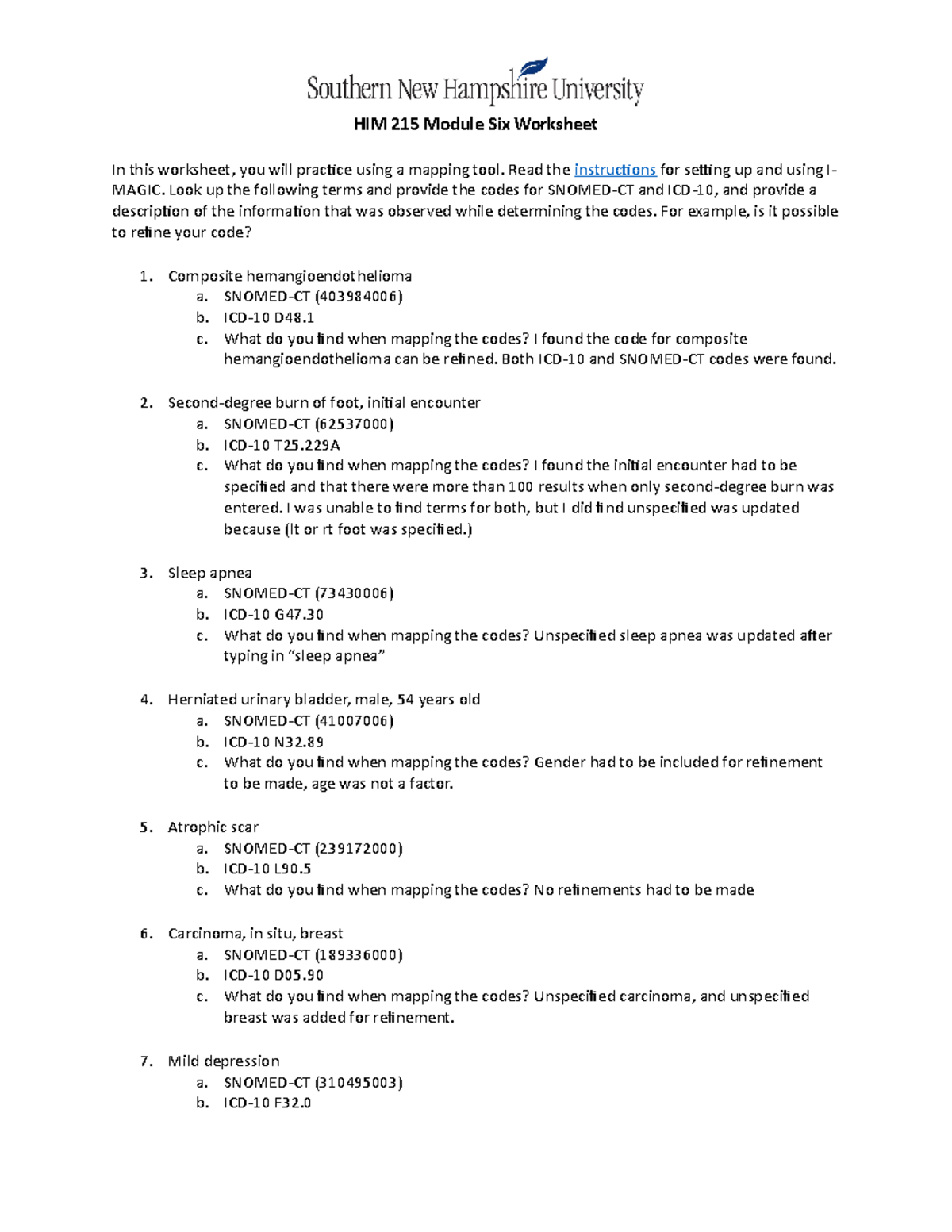 HIM 215 Module 6 Worksheet: Mapping SNOMED-CT & ICD-10 Codes - Studocu