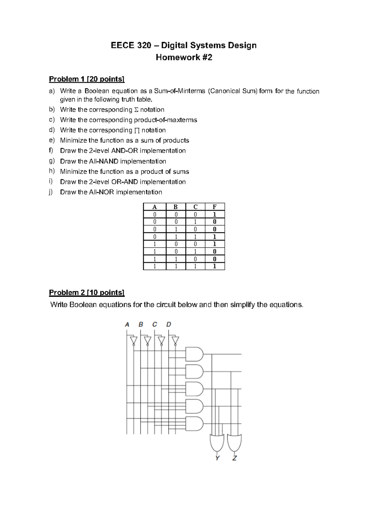 EECE 320 Homework #2: Digital System Design Problems and Solutions ...
