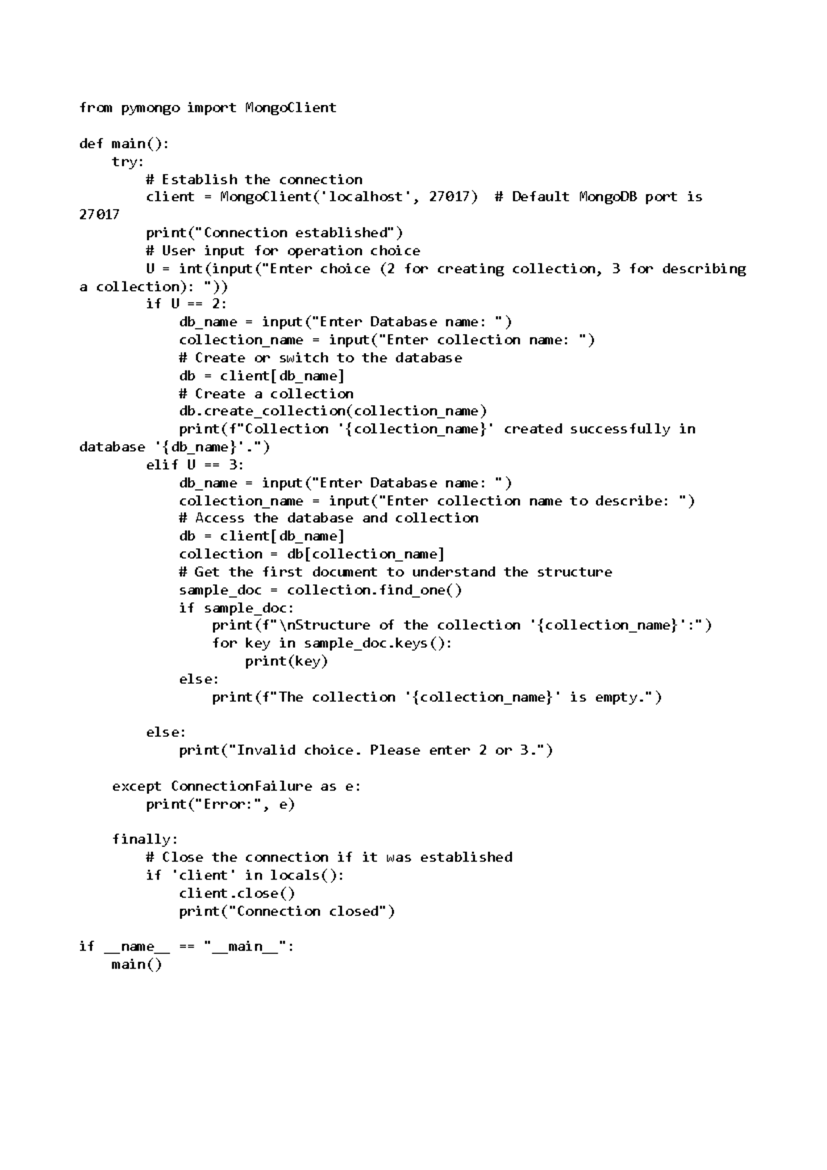 MongoDB Connection Code Sample for DBMS - Studocu