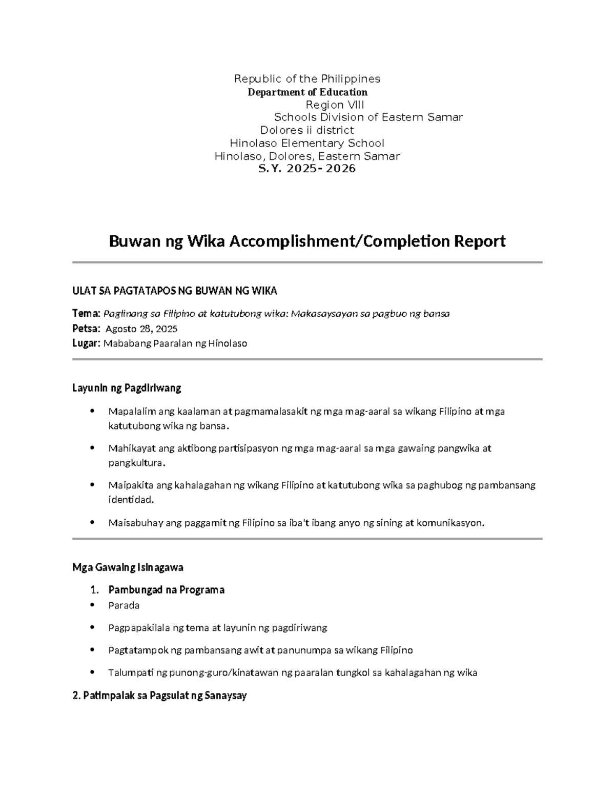 Buwan ng Wika Report 2026: Paglinang sa Filipino at Katutubong Wika ...