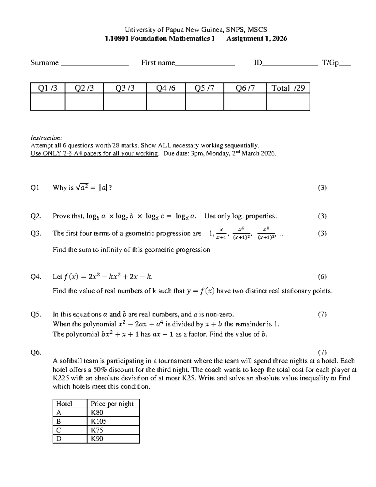 MSCS 1.10801 Foundation Mathematics 1 Assignment 1 - 2026 - Studocu