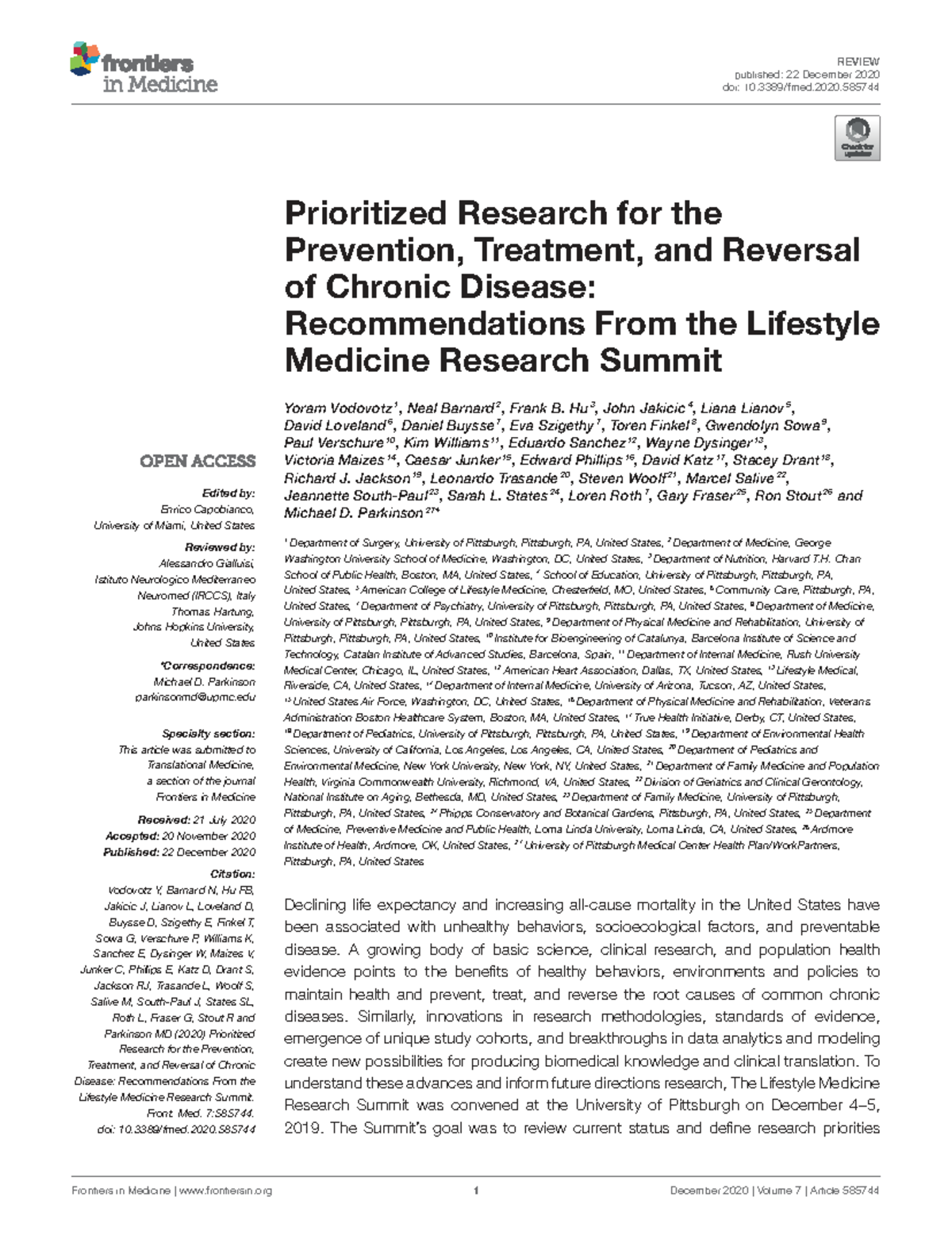 Lifestyle Medicine Research Summit Recommendations: Prioritizing ...