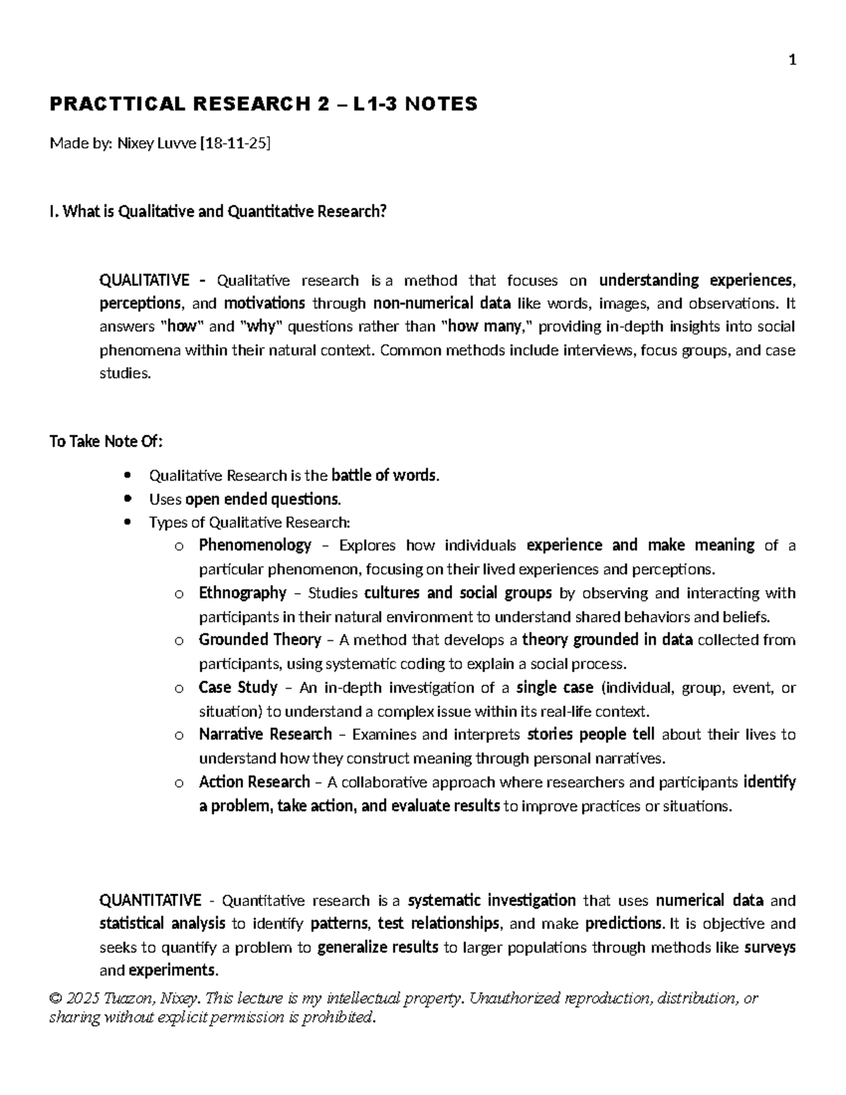Practical Research 2 - Lecture 1-3 Notes on Qualitative & Quantitative ...