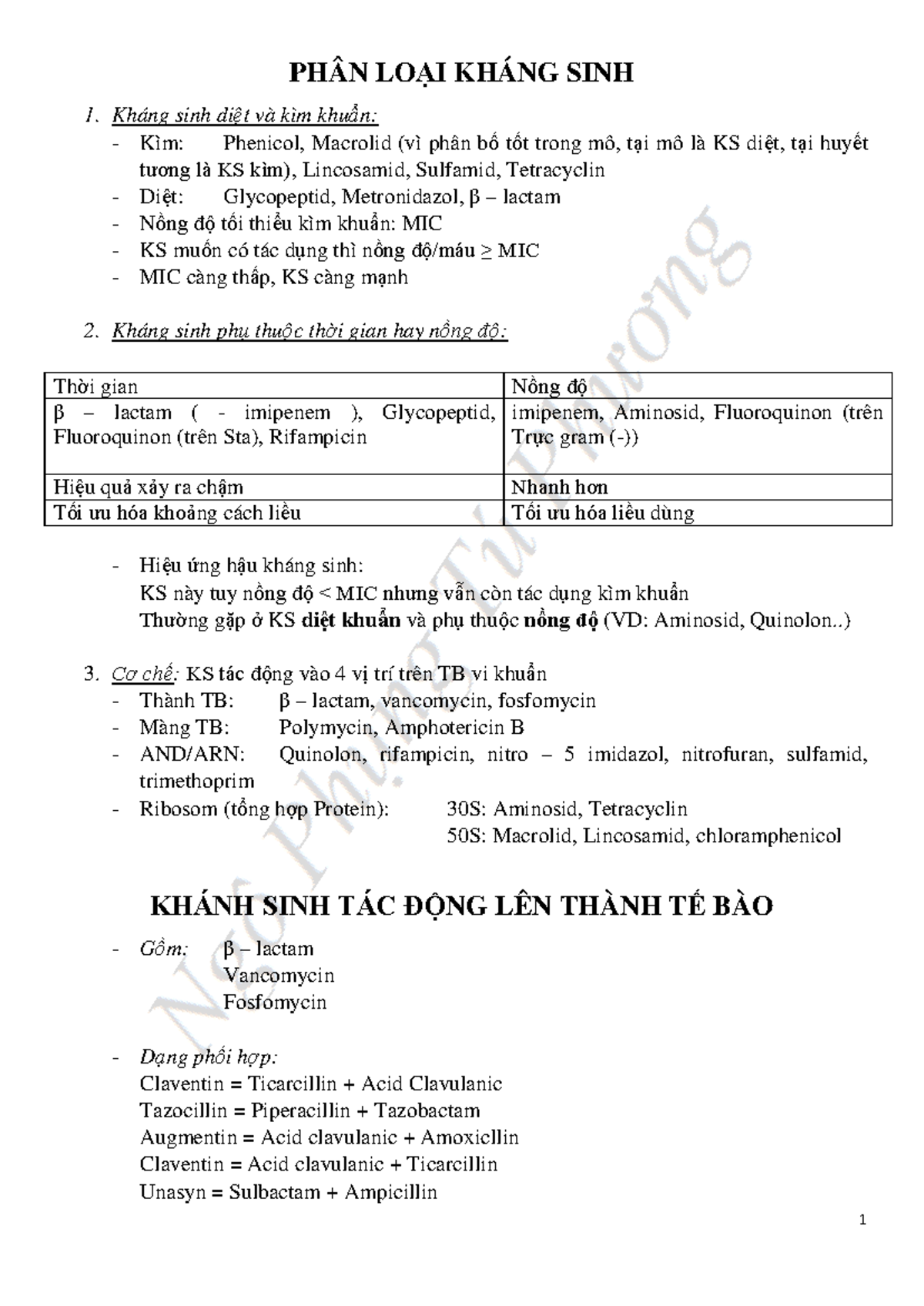PHÂN LOẠI KHÁNG SINH VÀ TÁC ĐỘNG CỦA CHÚNG - DƯỢC-LÝ-2 - Studocu