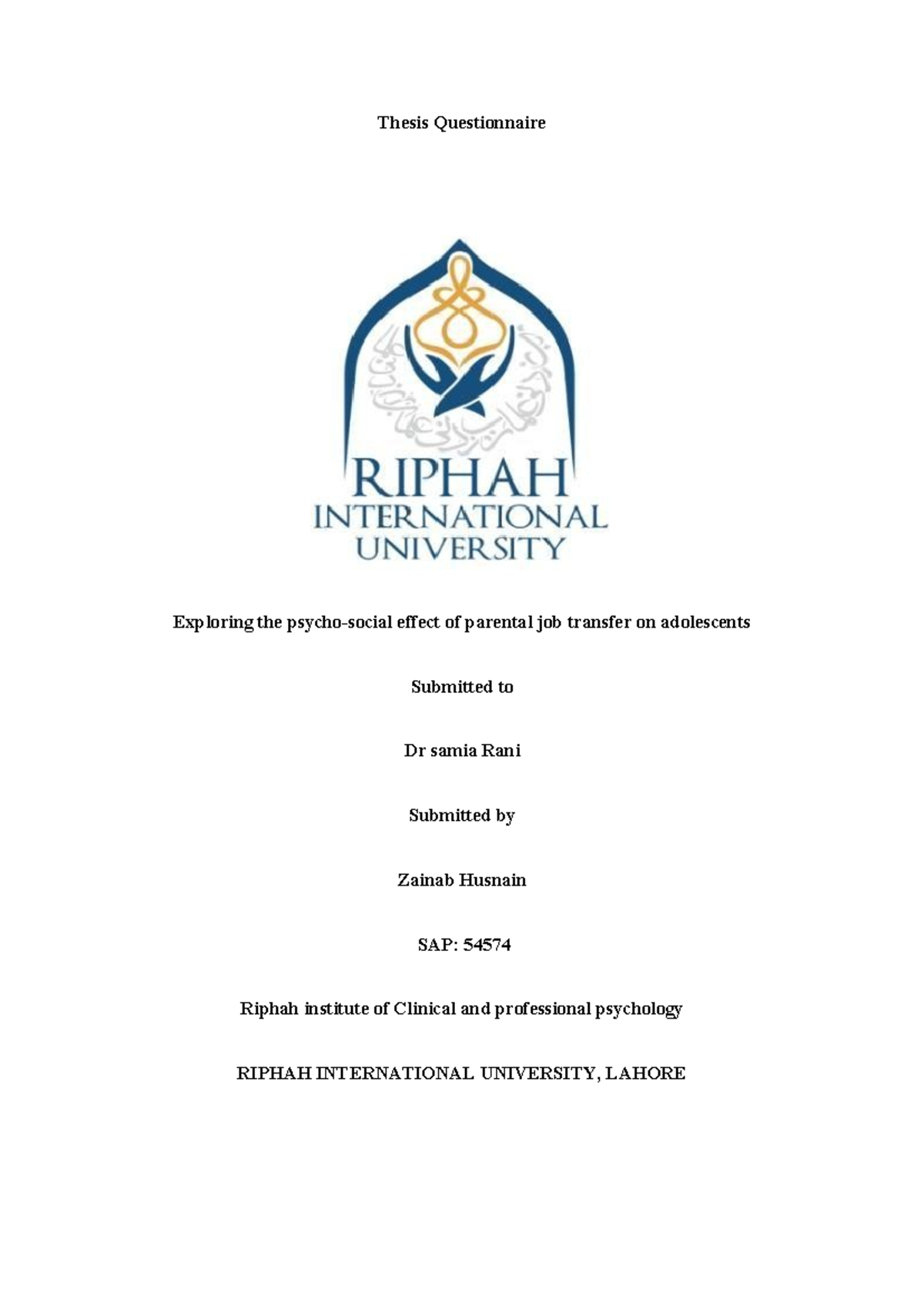 Thesis Questionnaire on Parental Job Transfer Effects (SAP: 54574) - Studocu