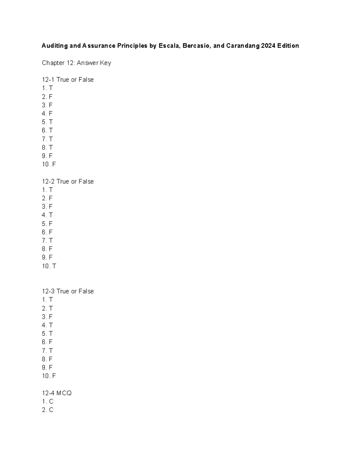 Auditing and Assurance Principles 2024 Edition Chapter 12 Answer Key ...