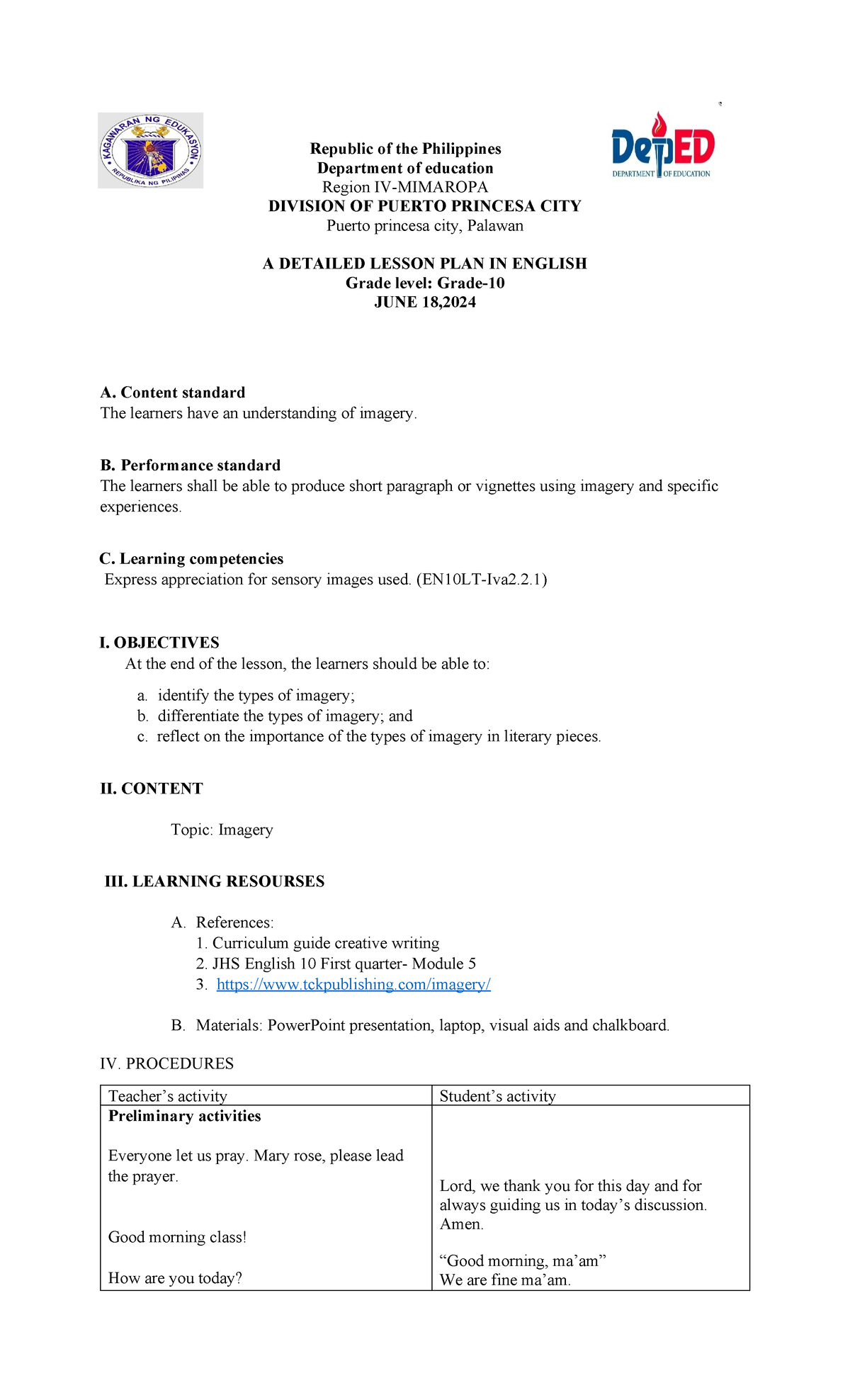 DLP: Detailed Lesson Plan on Imagery for English Grade 10 - Studocu