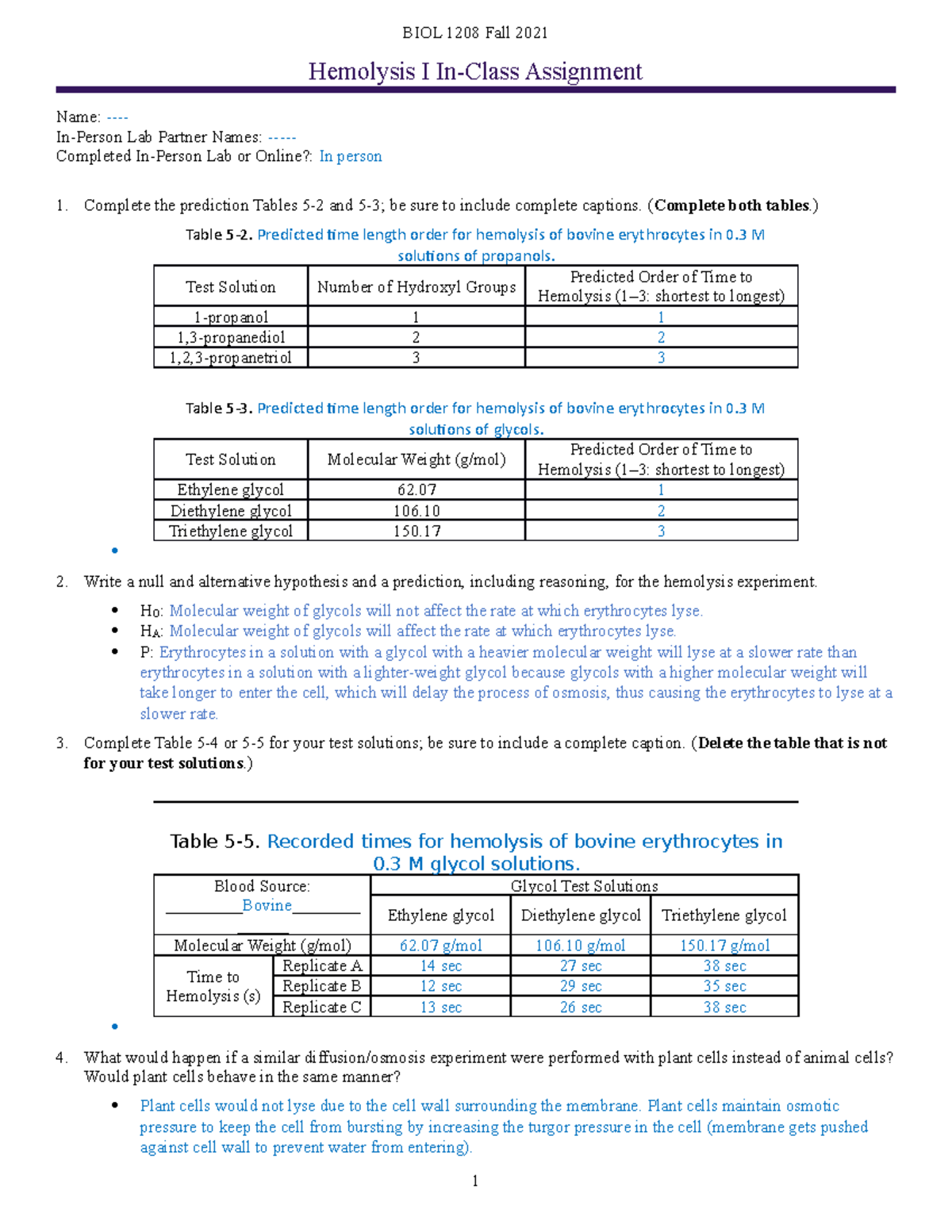 Hemolysis I ICA - BIOL 1208 Fall 2021 Hemolysis I In-Class Assignment ...