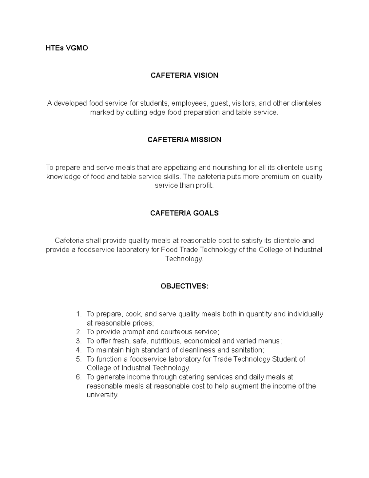 Narrative report(cafeteria) - HTEs VGMO CAFETERIA VISION A developed ...