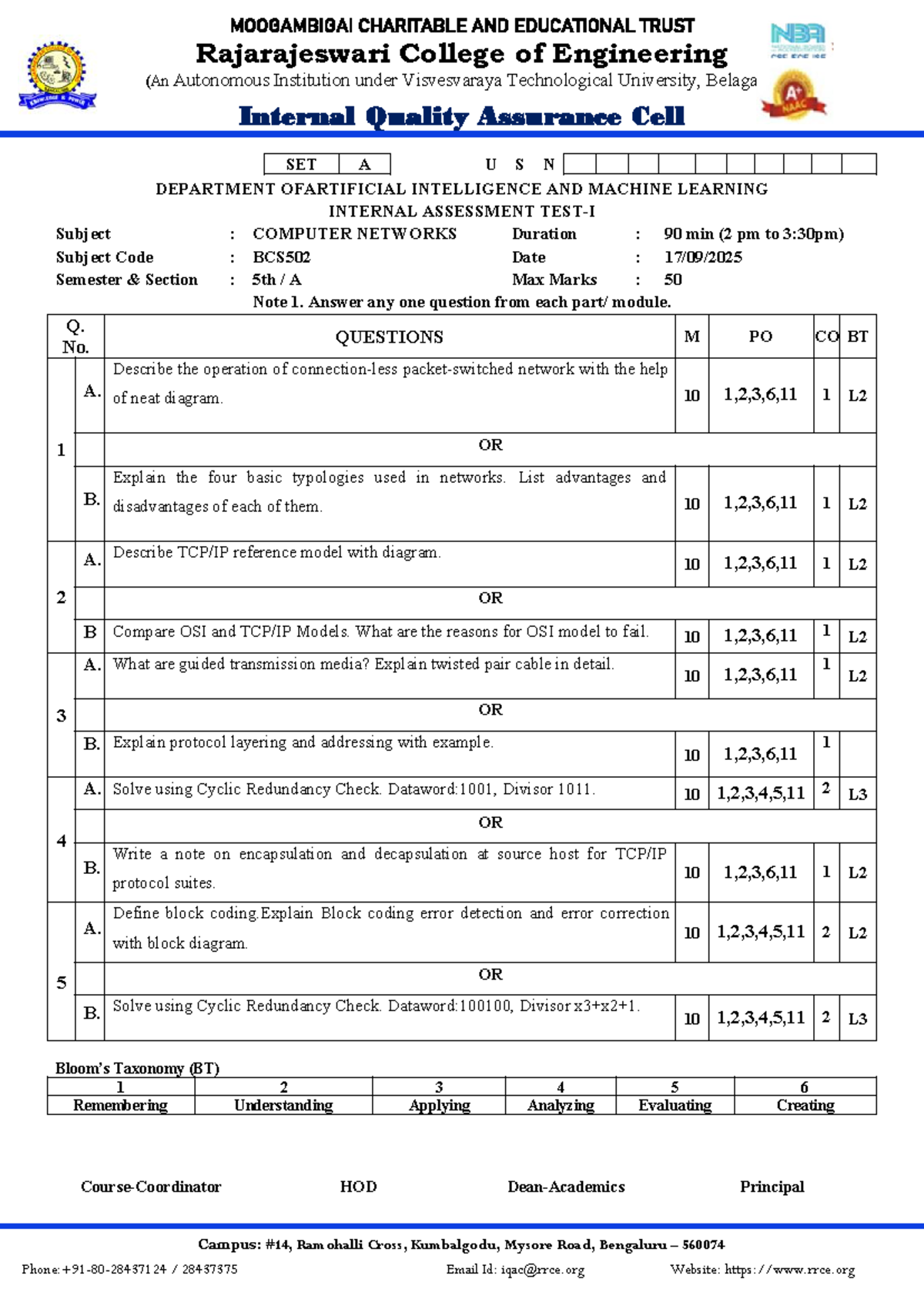 BCS502 Internal Assessment 1 Question Paper - Computer Networks - Studocu