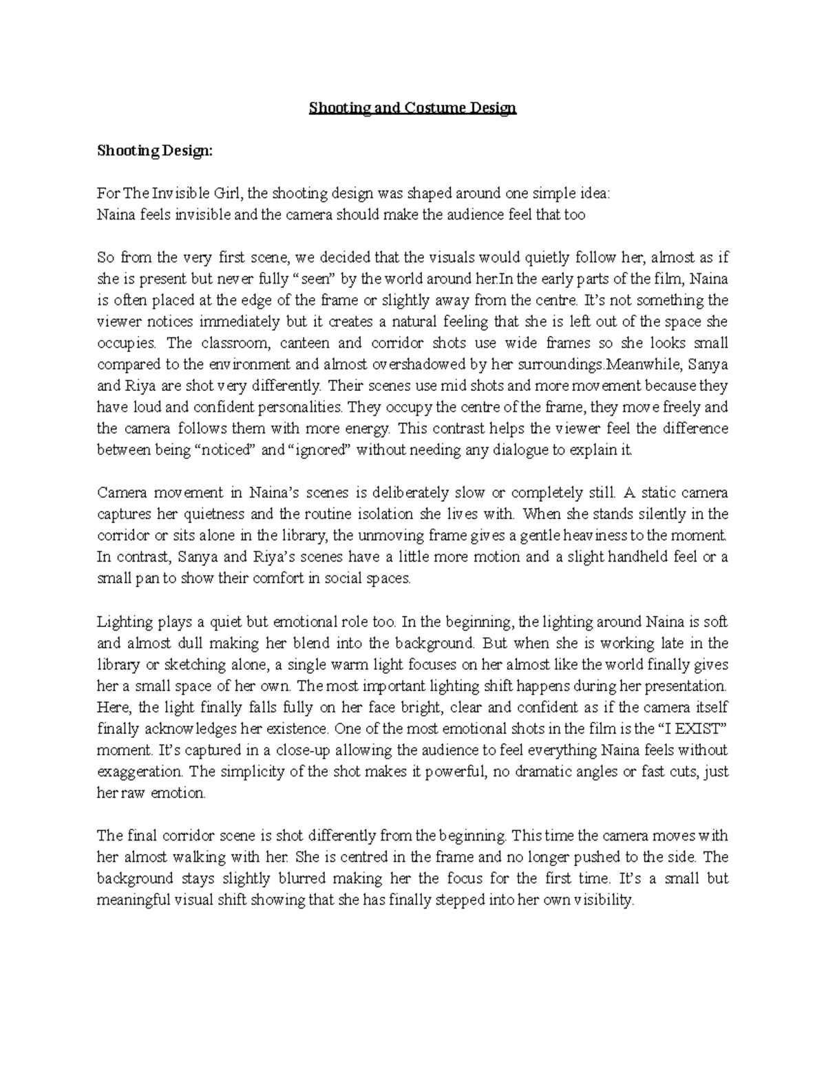 Shooting Design Analysis: The Invisible Girl's Visual Journey - Studocu