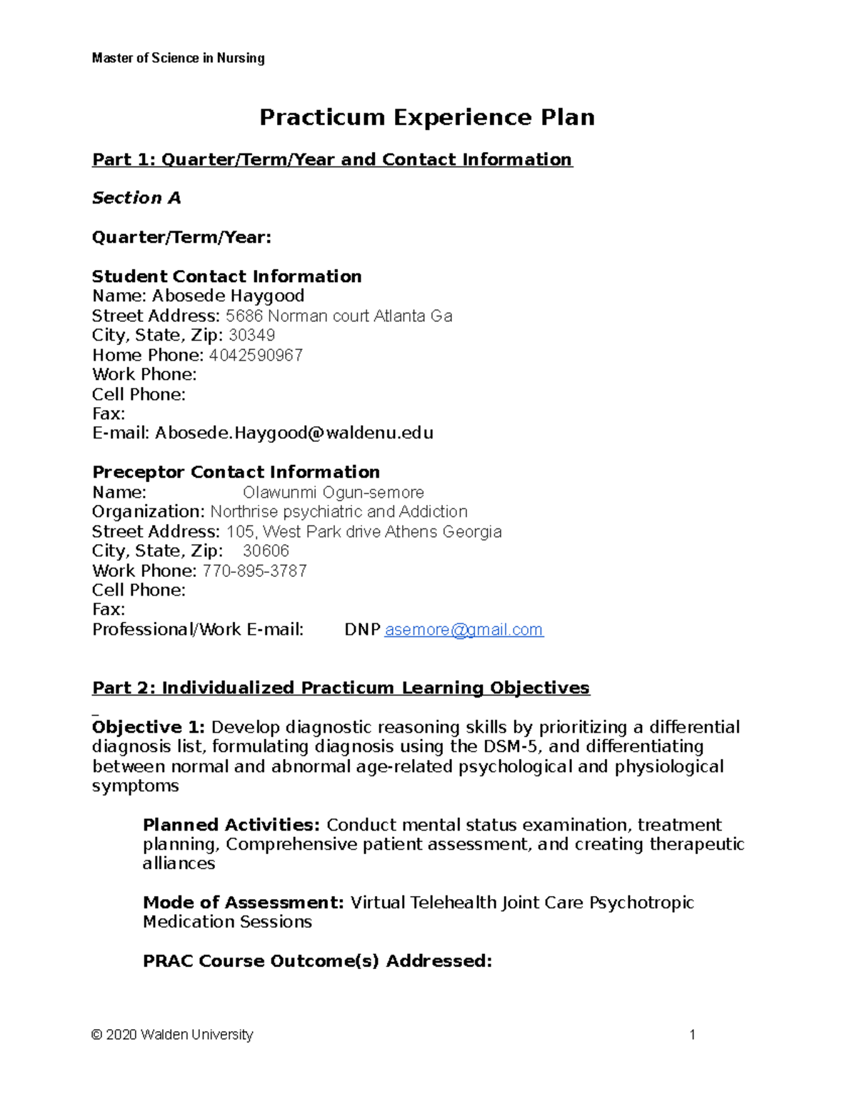 PRAC 6665 Week 2 Assignment: Practicum Experience Plan and Goals - Studocu