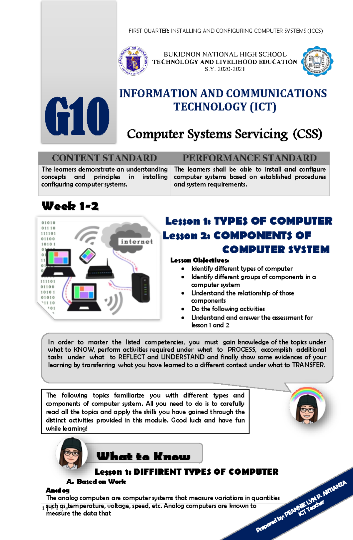 Grade 10 ICT CSS Week 1 Lesson: Types & Components of Computer Systems ...