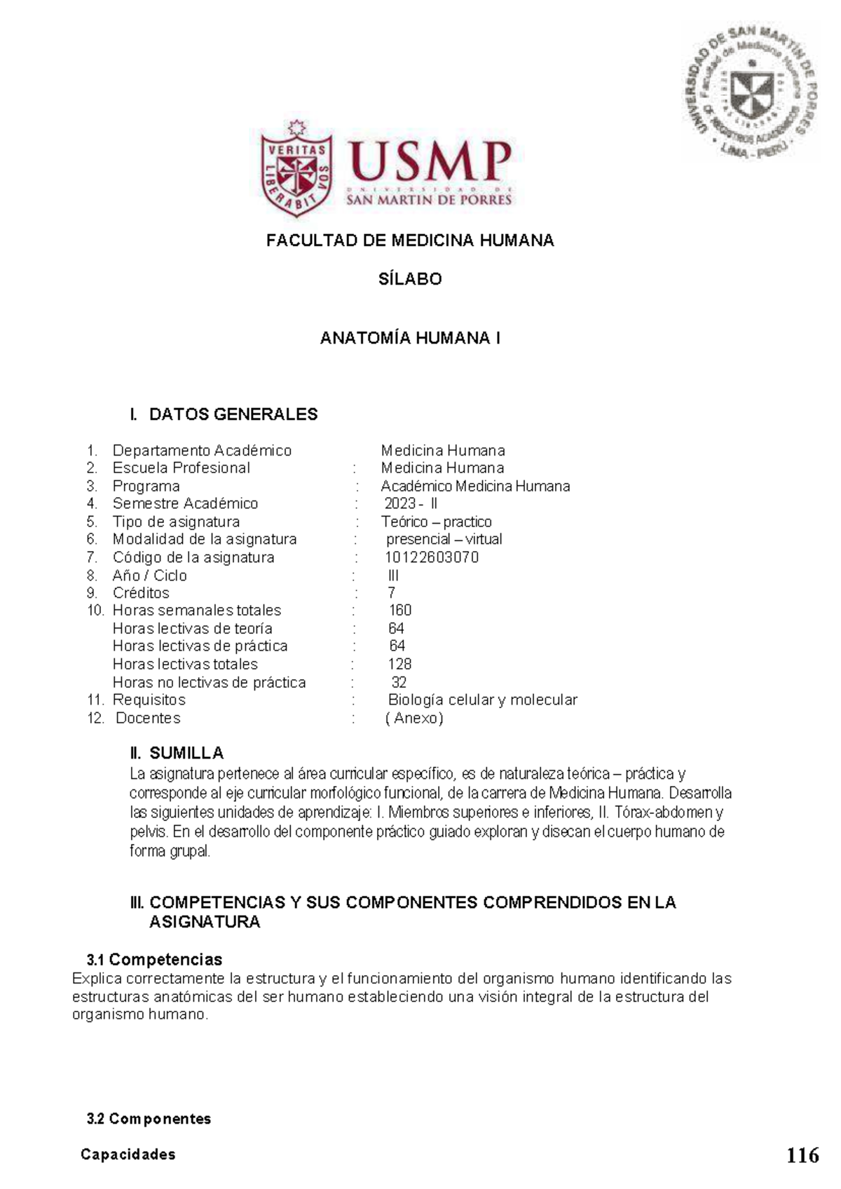 Sílabo de Anatomía Humana I - Medicina Humana 10122603070 - Studocu