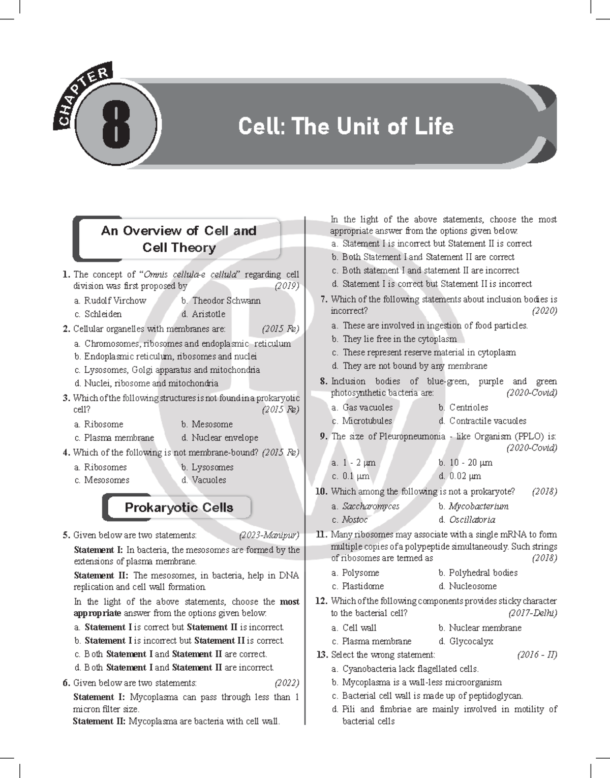 P CHA TE R 8 Cell: The Unit of Life - Overview & Key Concepts - Studocu