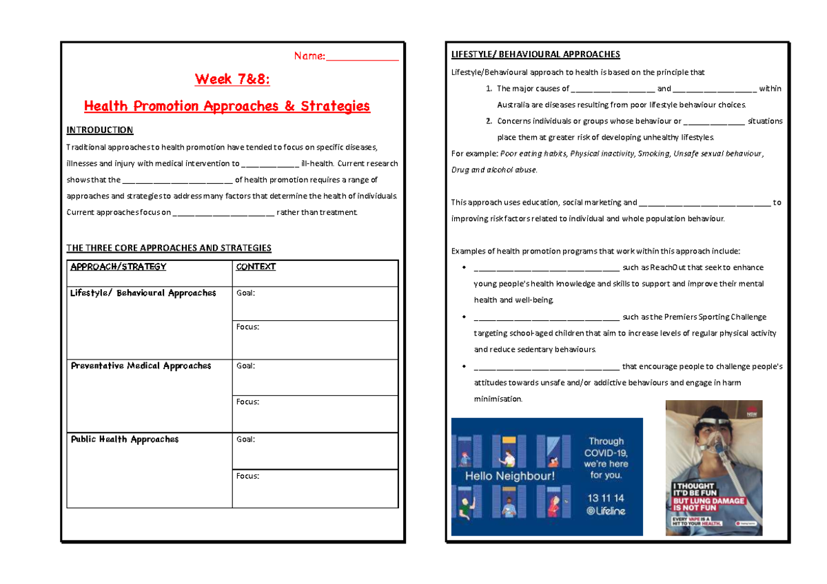Worksheet Lesson - Health Promotion Approaches & Ottawa Charter ...