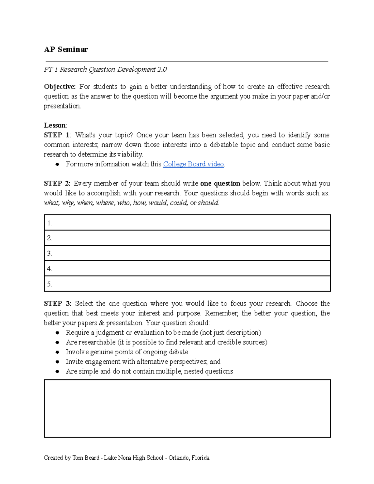 AP Seminar PT 1 Research Question Development Guide - Studocu
