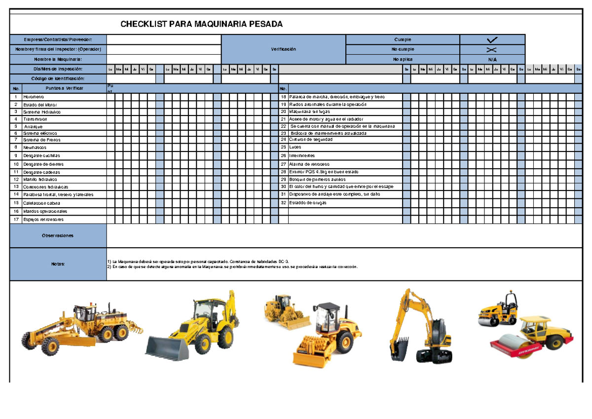 Checklist para Maquinaria Pesada - Inspección de Seguridad y ...