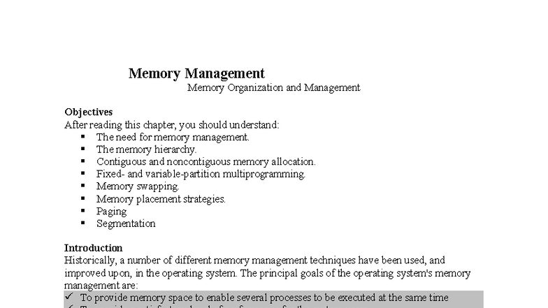 Memory Management Techniques in Software Engineering (CS101) - Studocu