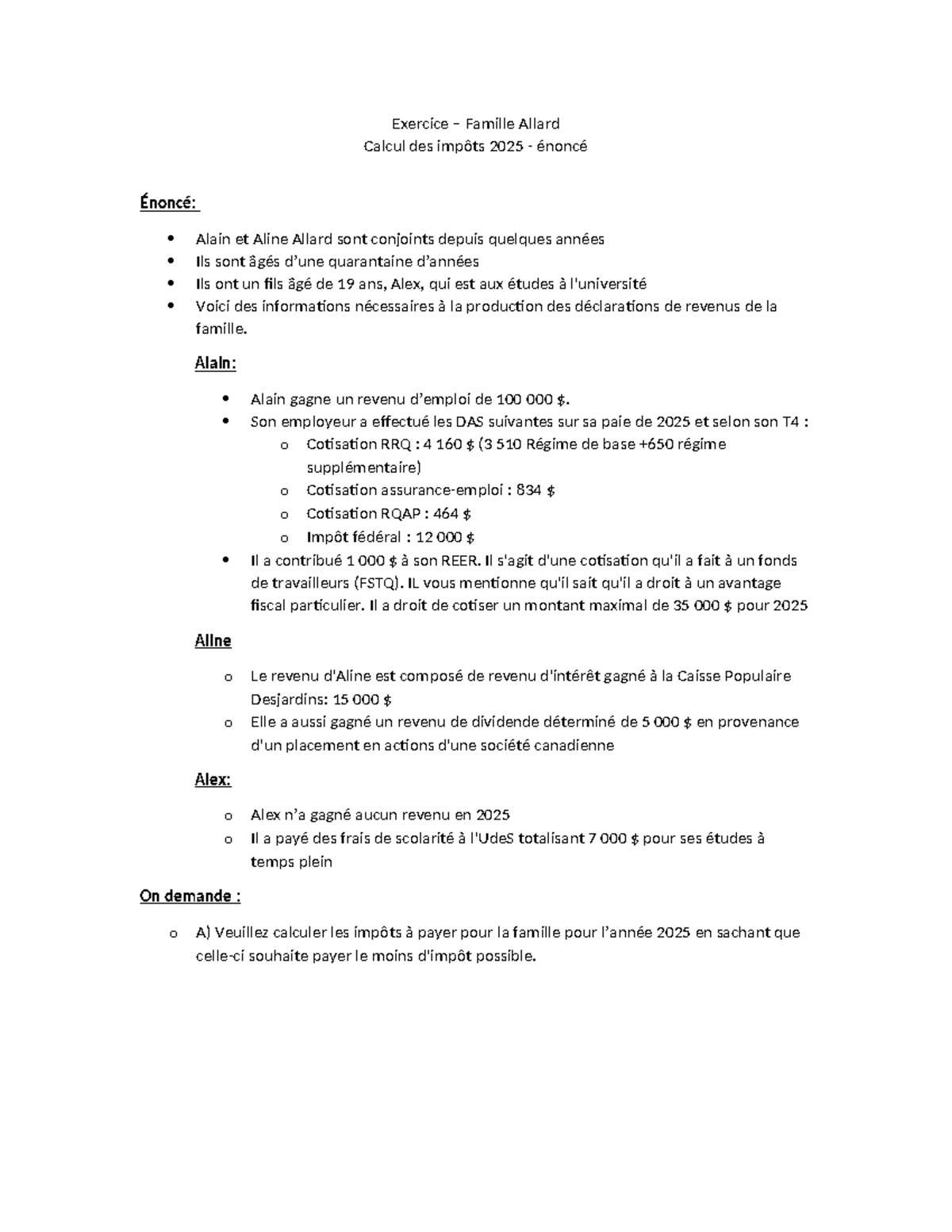 01Q Calcul des impôts - Famille Allard 2025 Énoncé - Studocu